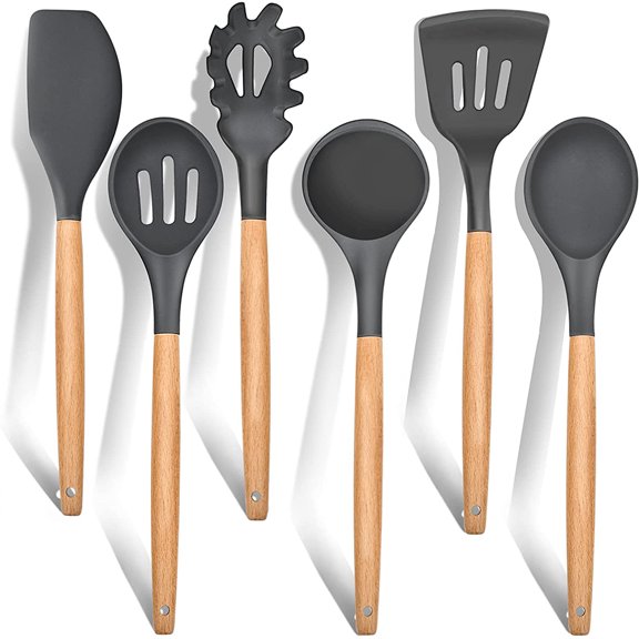 Black Silicone Kitchen Utensils Set of 7, Heat Resistant 446F Non-Stick ...