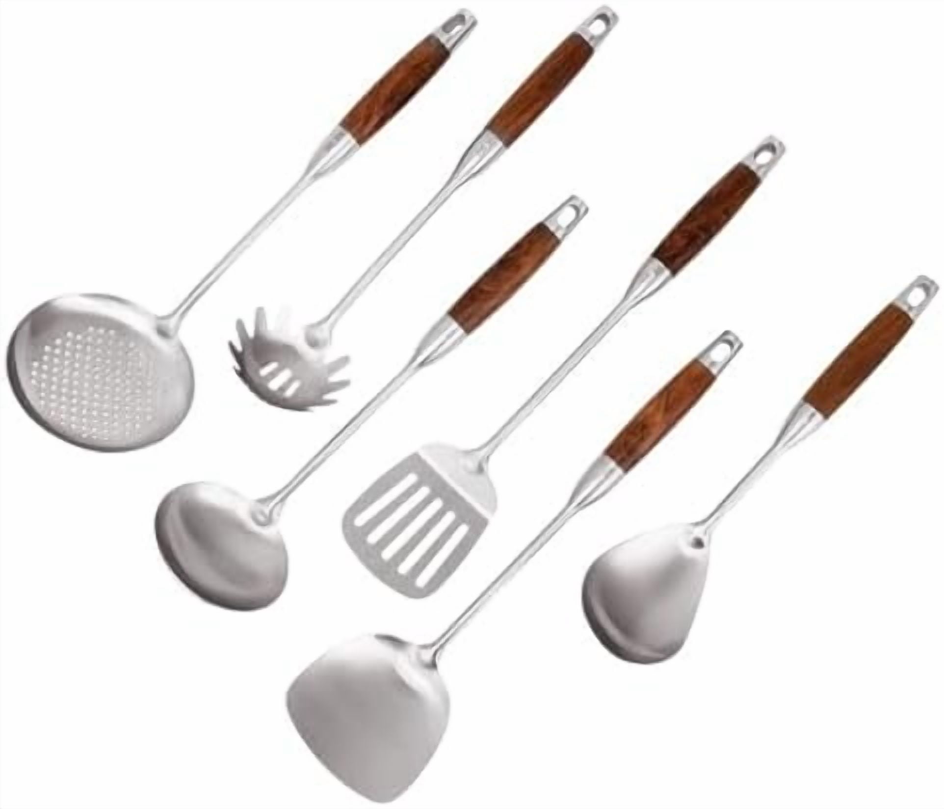 Kitchen Utensils Set with Wood Handle, 6 Pieces Stainless Steel ...