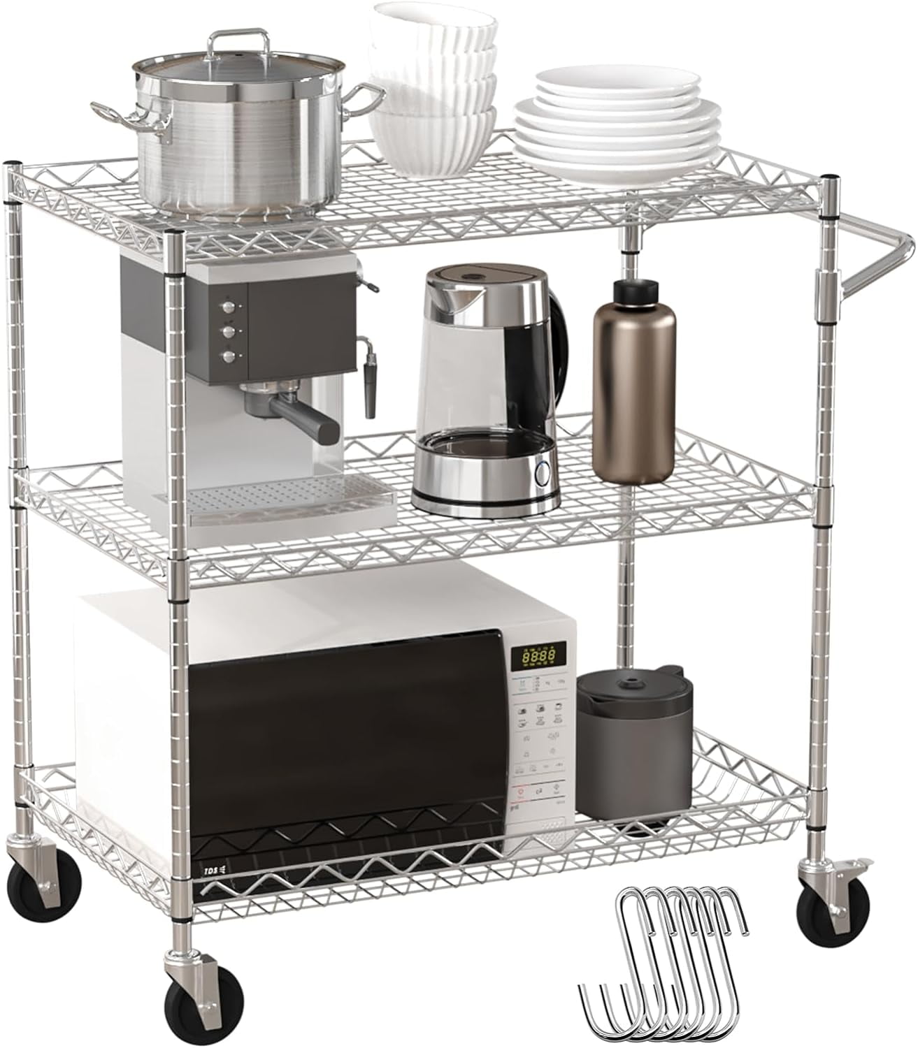 Kitchen Utility Cart, 3 Tiers, Wire Rolling Cart with 661 LBS Capacity ...
