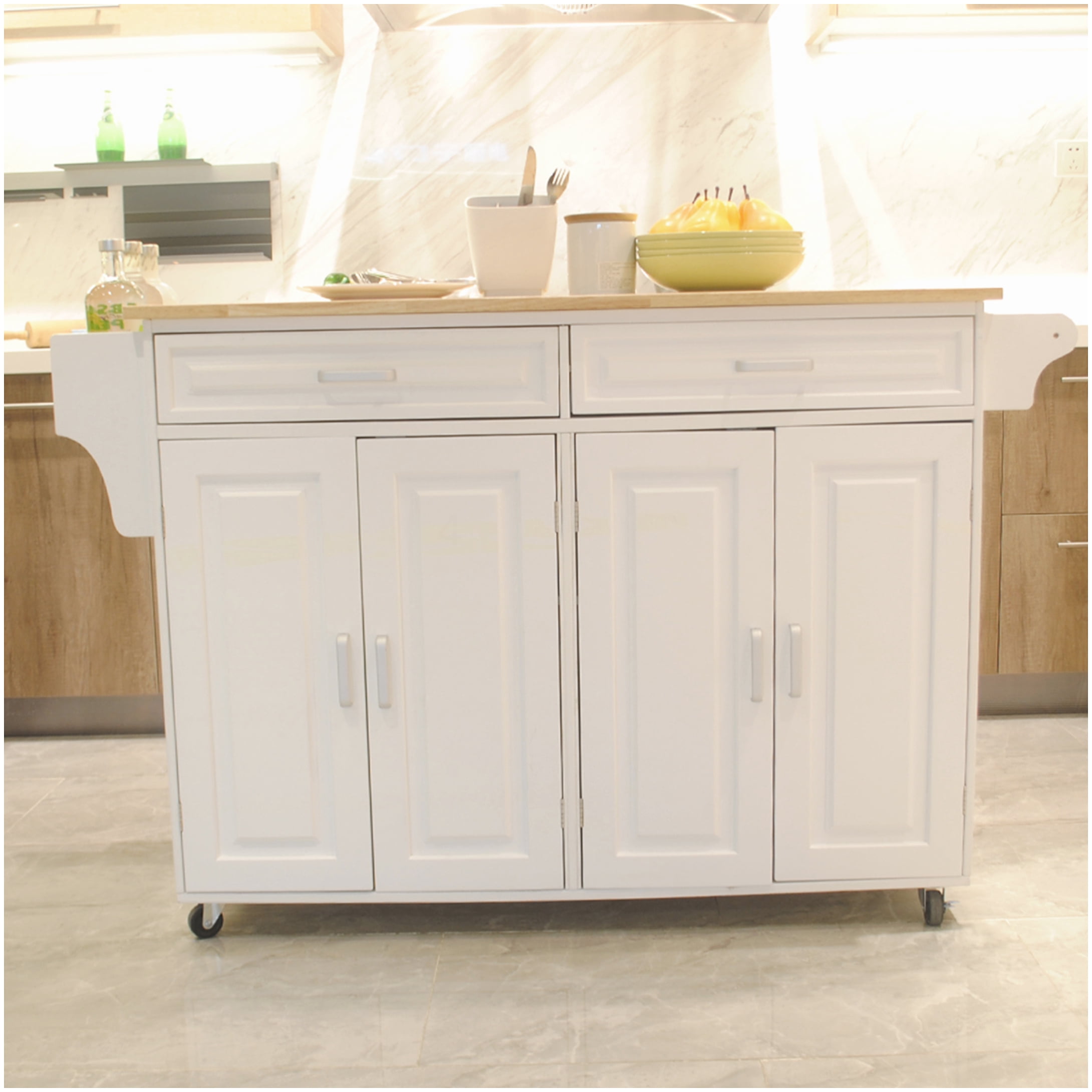 Kitchen Utility Cart with Rubber Wood Top, White Rolling Kitchen Island ...