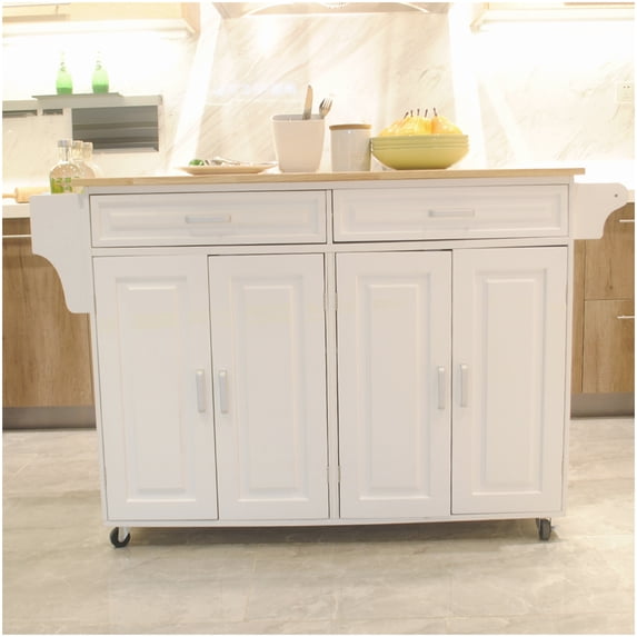 Kitchen Utility Cart with Rubber Wood Top, White Rolling Kitchen Island ...