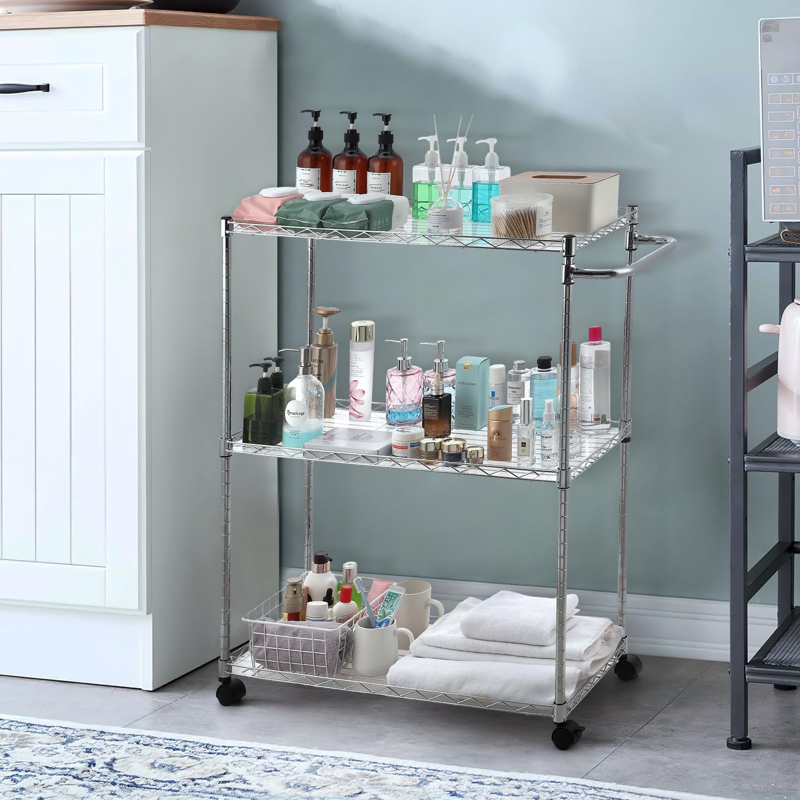 Kitchen Utility Rolling Cart, 3 Tier Metal Storage Trolley with Wheels ...