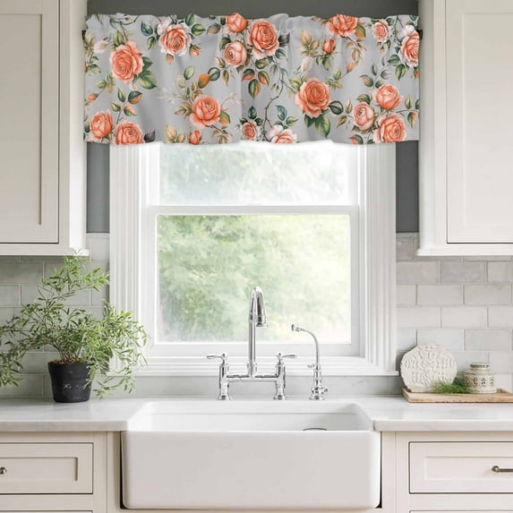 Kitchen Valance 42x12in, Watercolor Flower Leaves Seamless Light ...