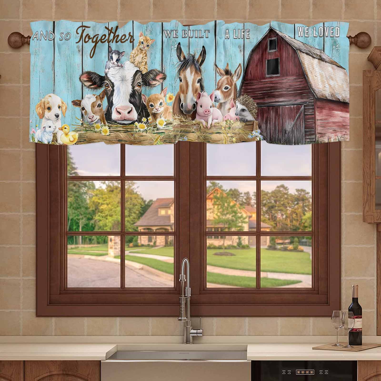 Kitchen Valance 54x18in, Farm Animal Horse Pig Cat Daisy Light ...