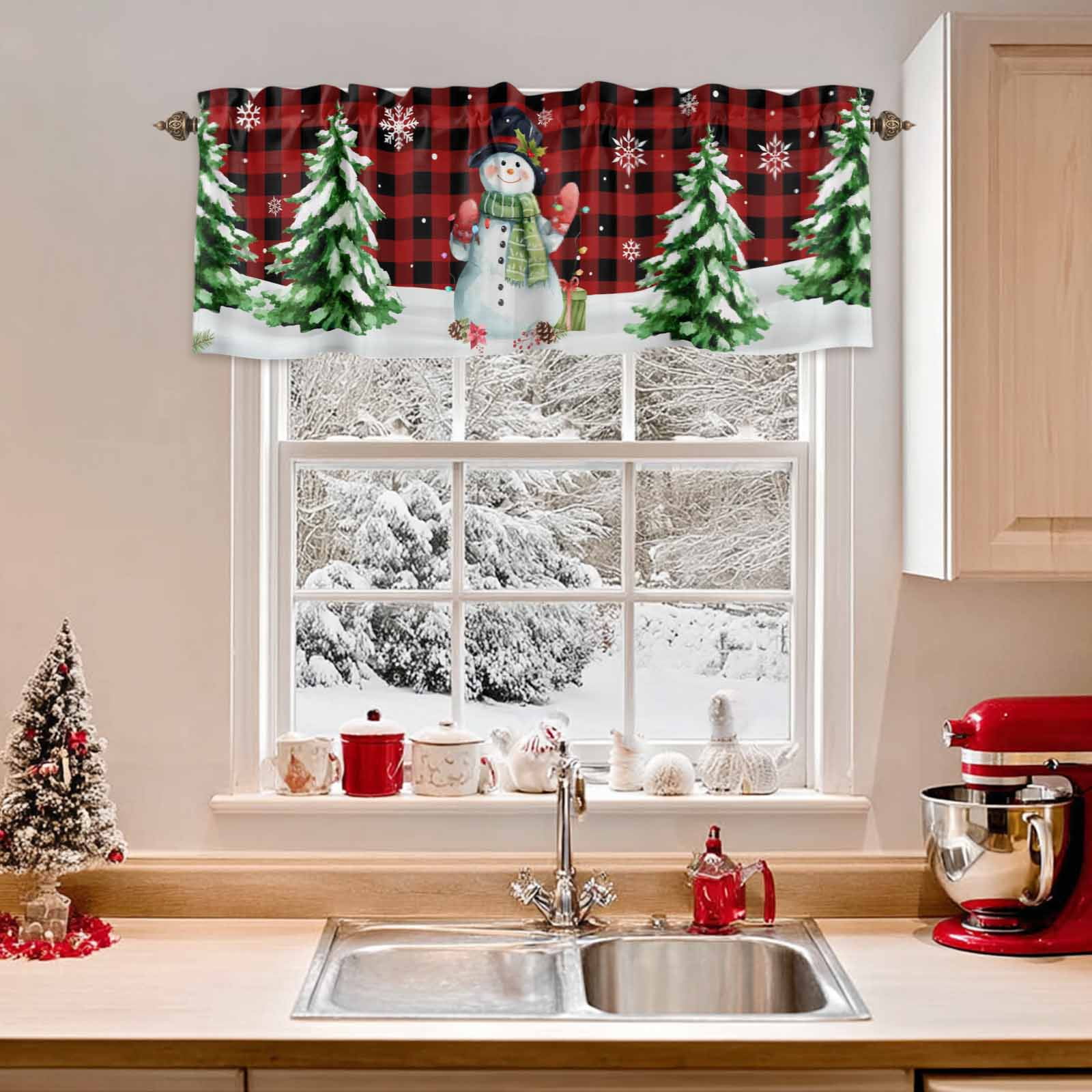 Kitchen Valance 54x18in, Snowman Merry Christmas Tree Snowflake Light ...