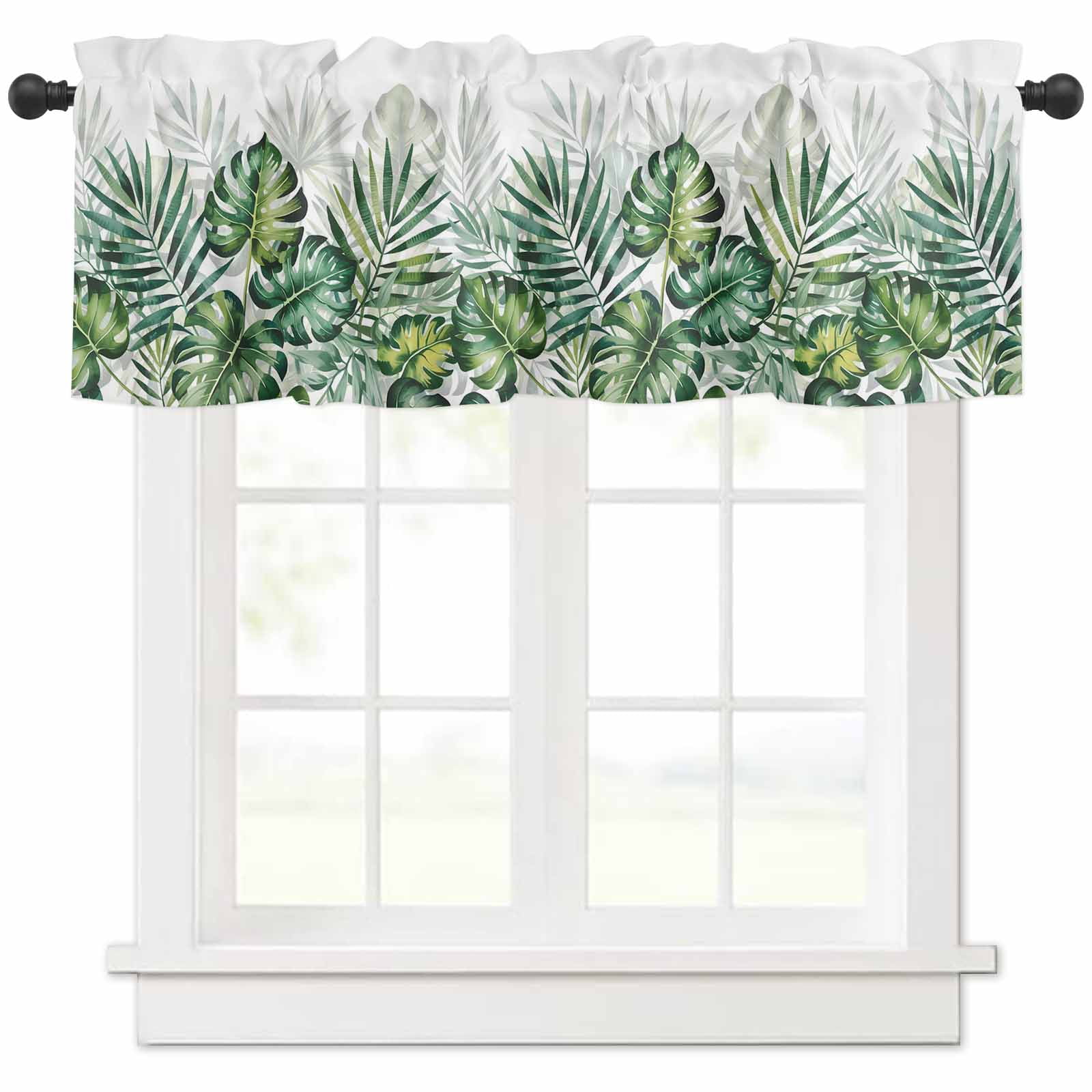 Kitchen Valance 54x18in, Watercolor Green Palm Leaves Light Filtering ...
