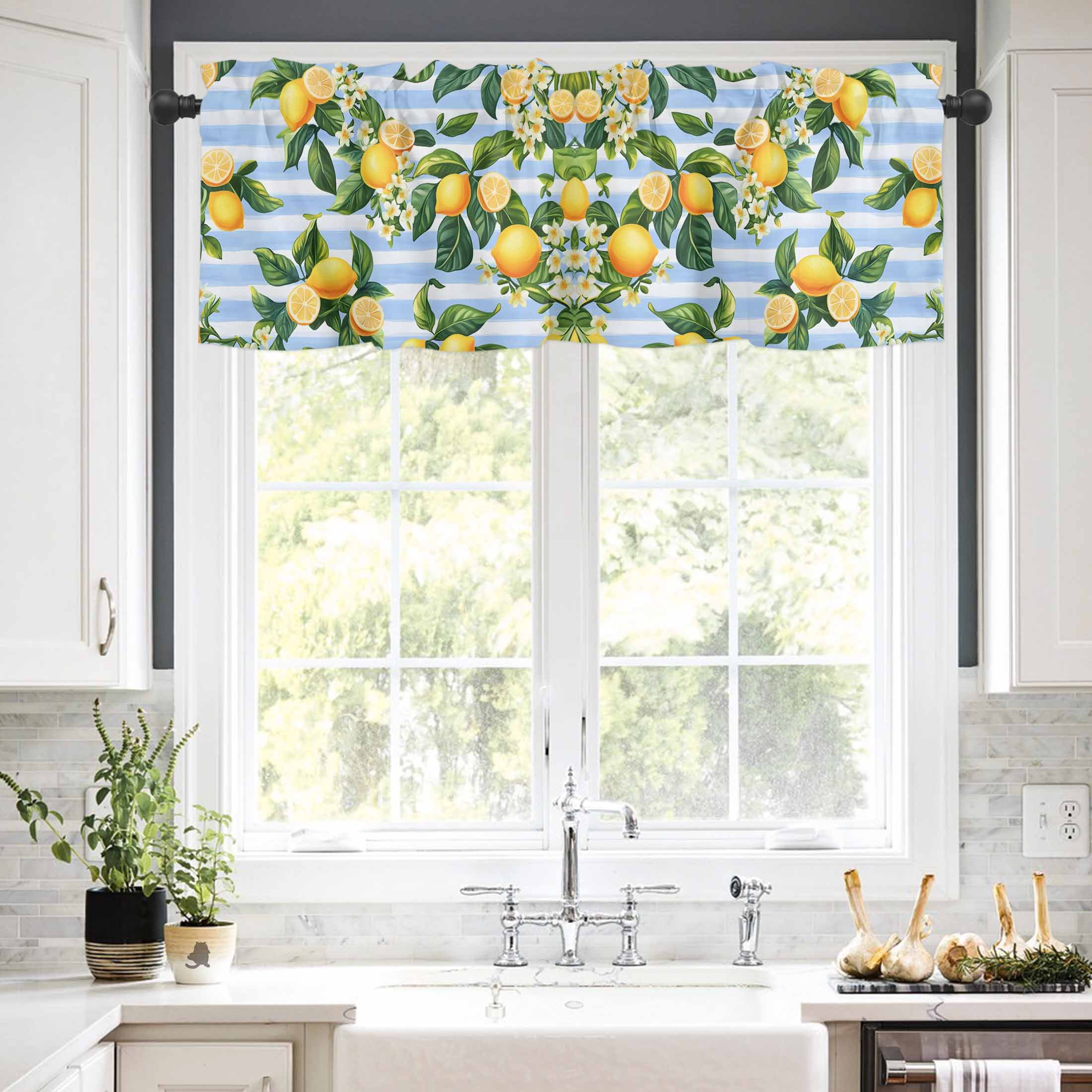 Kitchen Valance for Windows,Lemon Green Leaves Watercolor Window ...