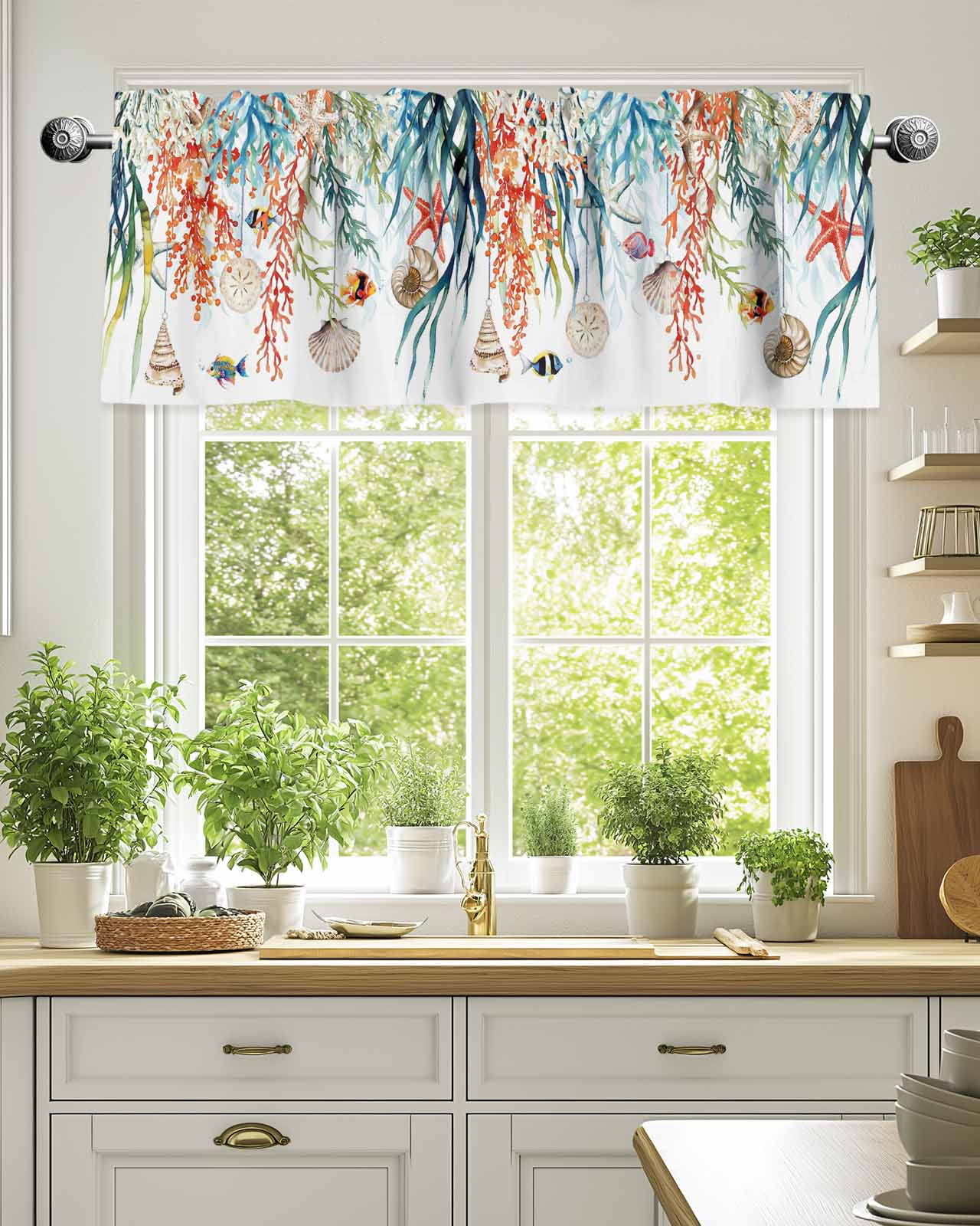 Kitchen Valance for Windows,Summer Colorful Coral Shell Conch Window ...