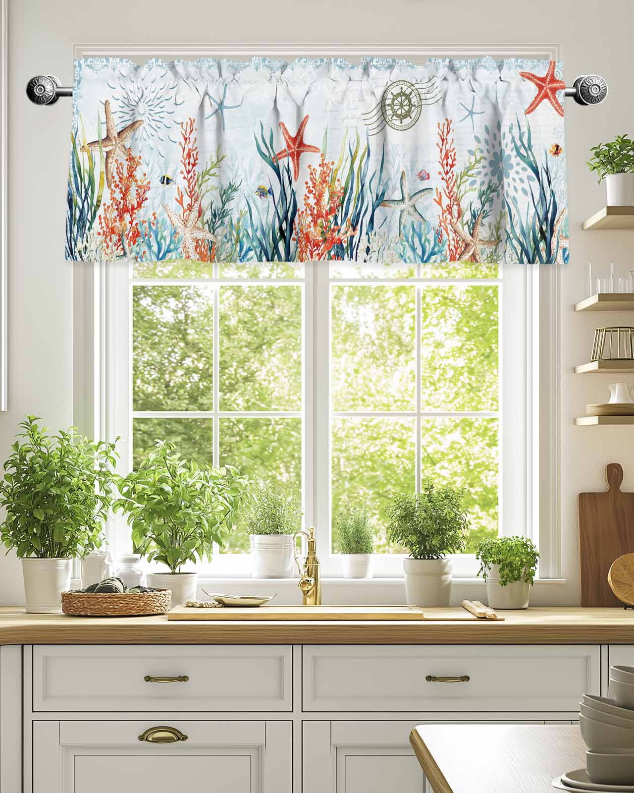 Kitchen Valance for Windows,Summer Ocean Coral Starfish Window Valances ...