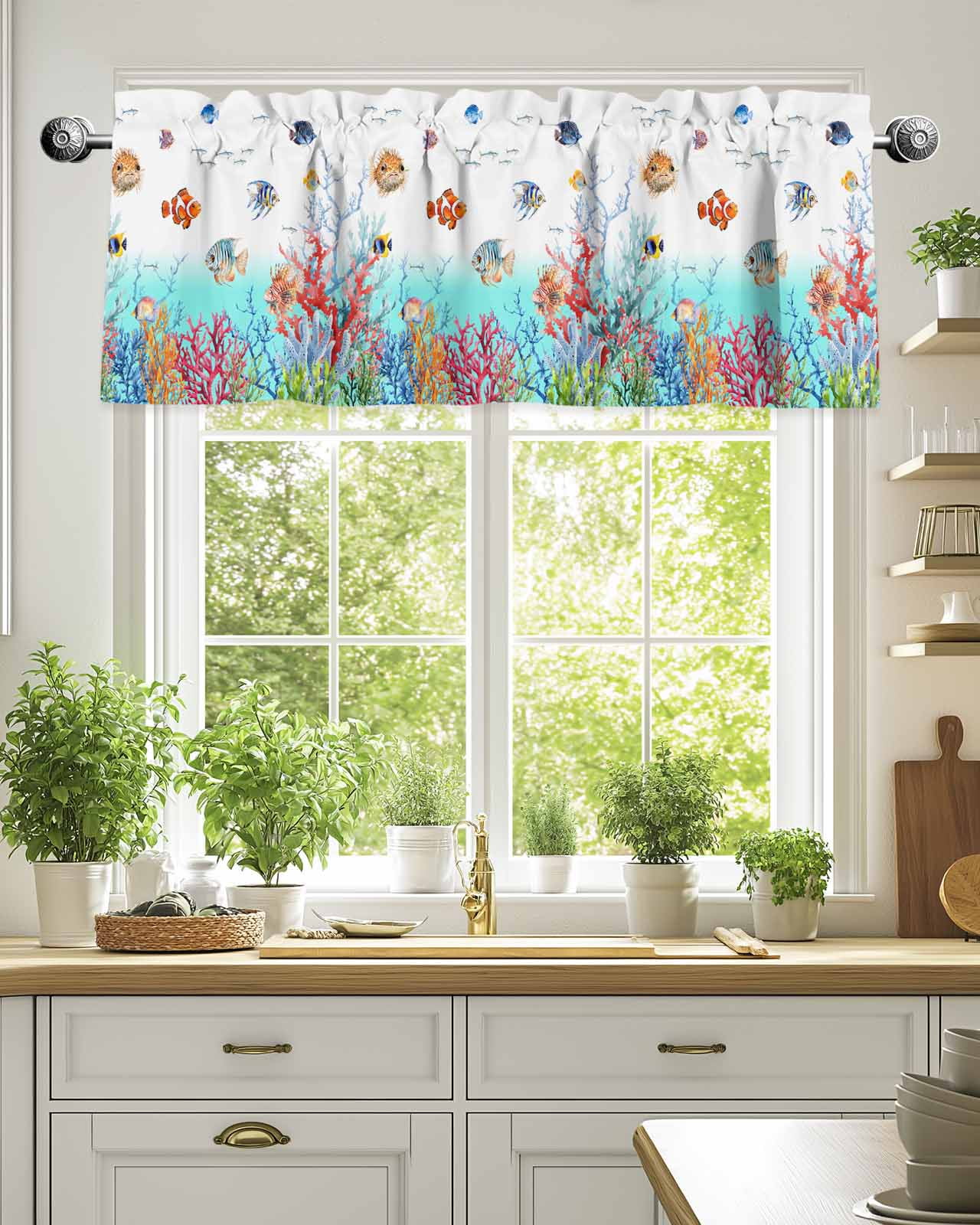 Kitchen Valance for Windows,Summer Ocean Fish Coral Window Valances Rod ...
