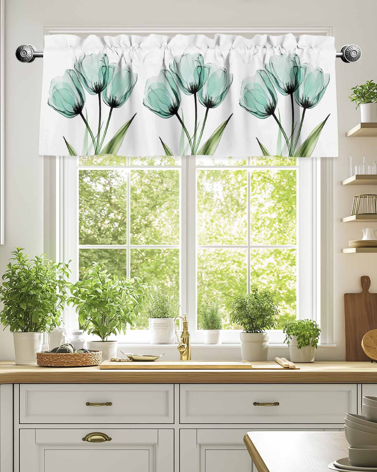 Kitchen Valance for Windows,Teal Tulip X-ray Floral Window Valances Rod ...