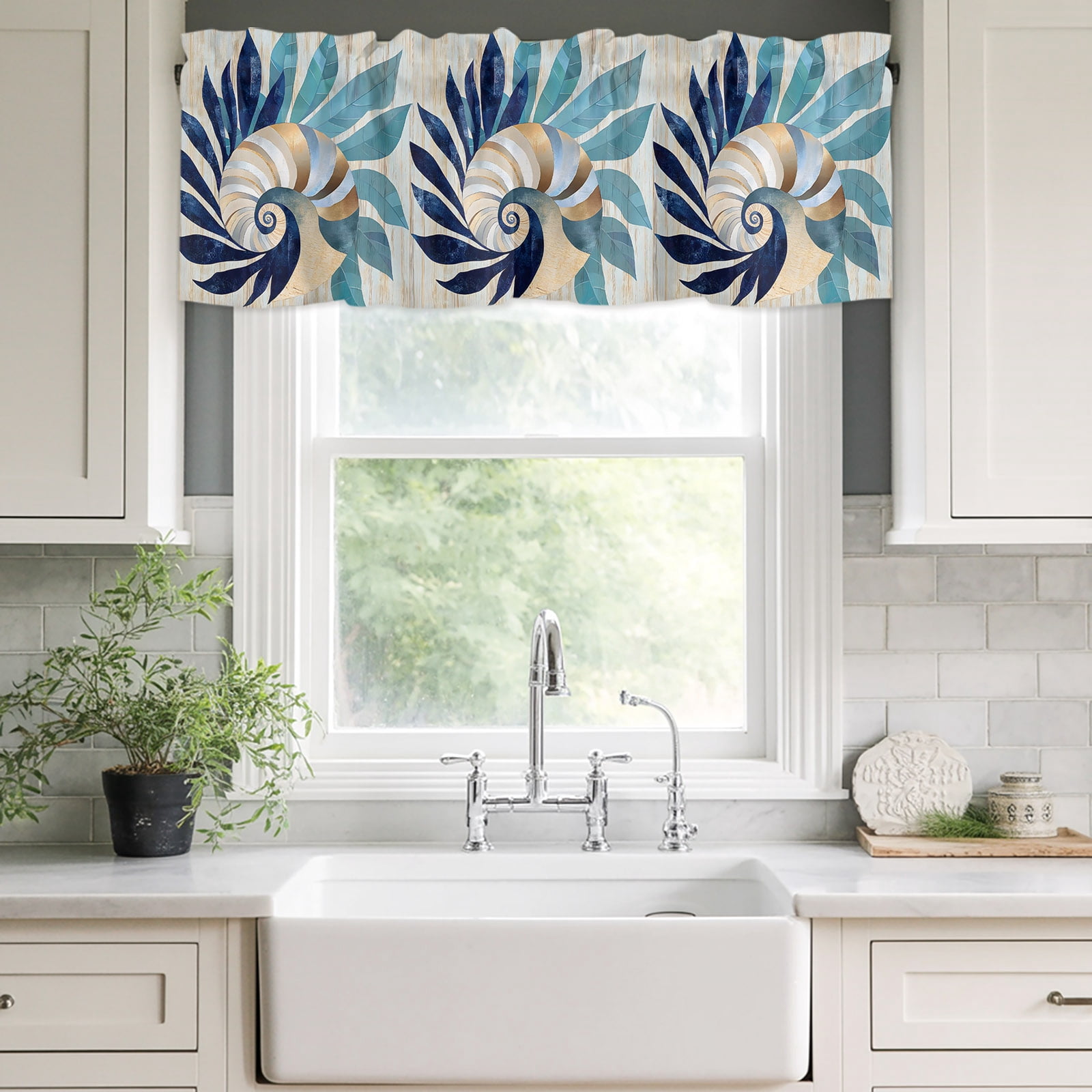 Kitchen Valances for Window, Abstract Ocean Conch Leaves Light ...