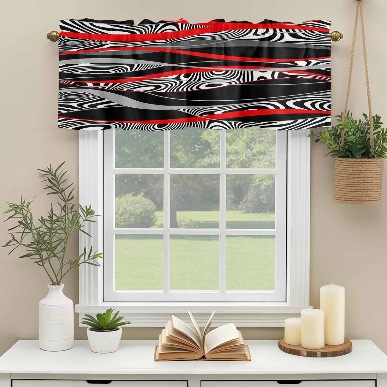 Kitchen Valances for Window, Abstract Red Black Stripe Light Filtering ...
