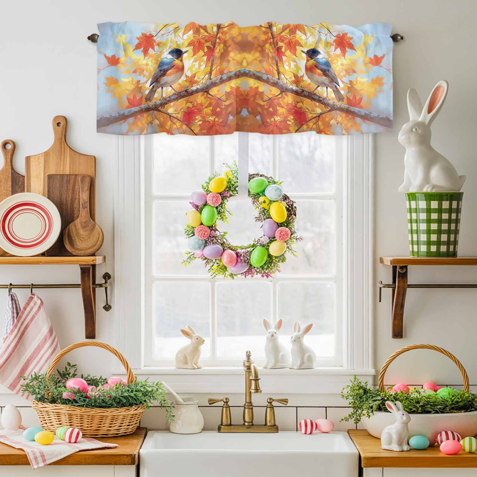 Kitchen Valances for Window, Autumn Bird Orange Maple Leaf Tree Light ...