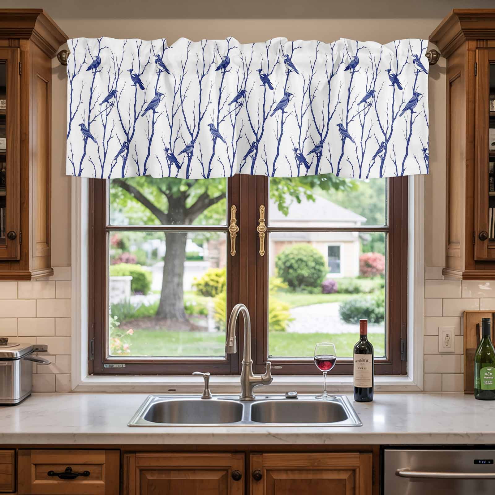 Kitchen Valances for Window, Birds Silhouette on Rustic Branches Light ...