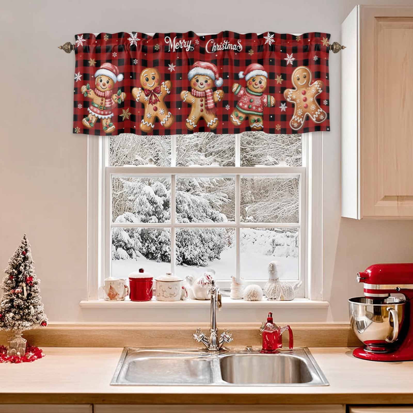 Kitchen Valances for Window, Christmas Ginger Bread Man Snowflakes ...
