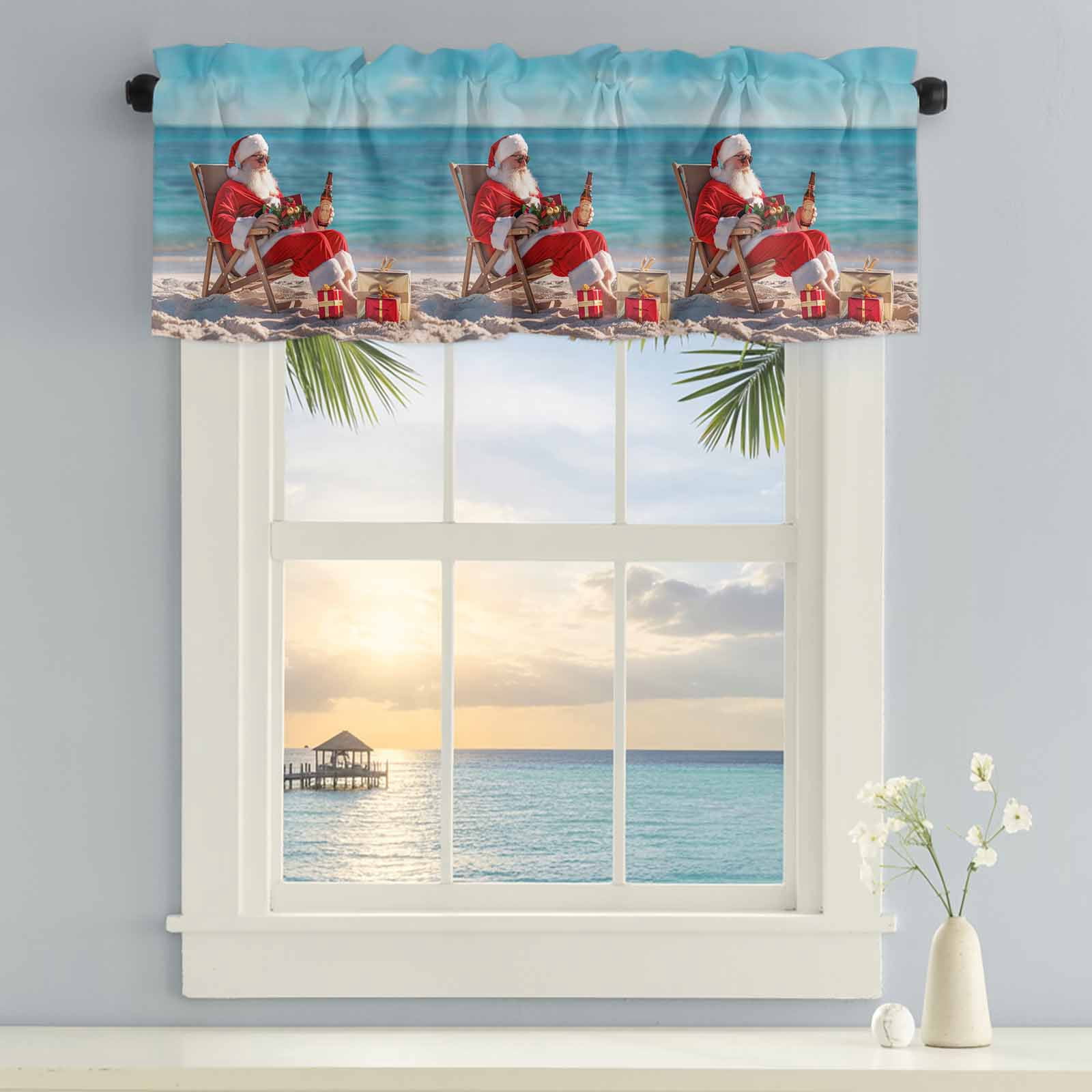 Kitchen Valances for Window, Christmas Santa Claus Beach Style Light ...