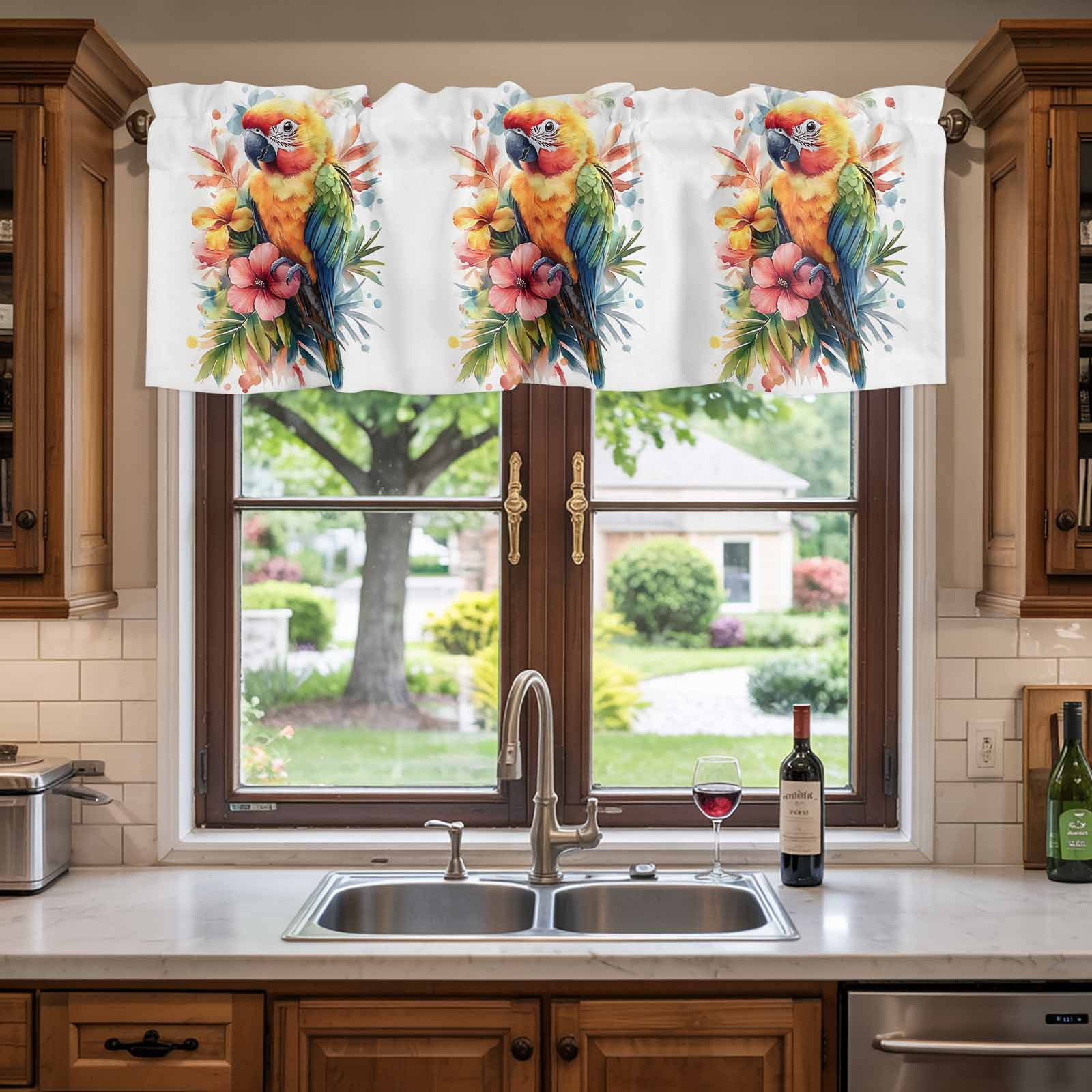 Kitchen Valances for Window, Country Parrot Blossom Flower Light ...