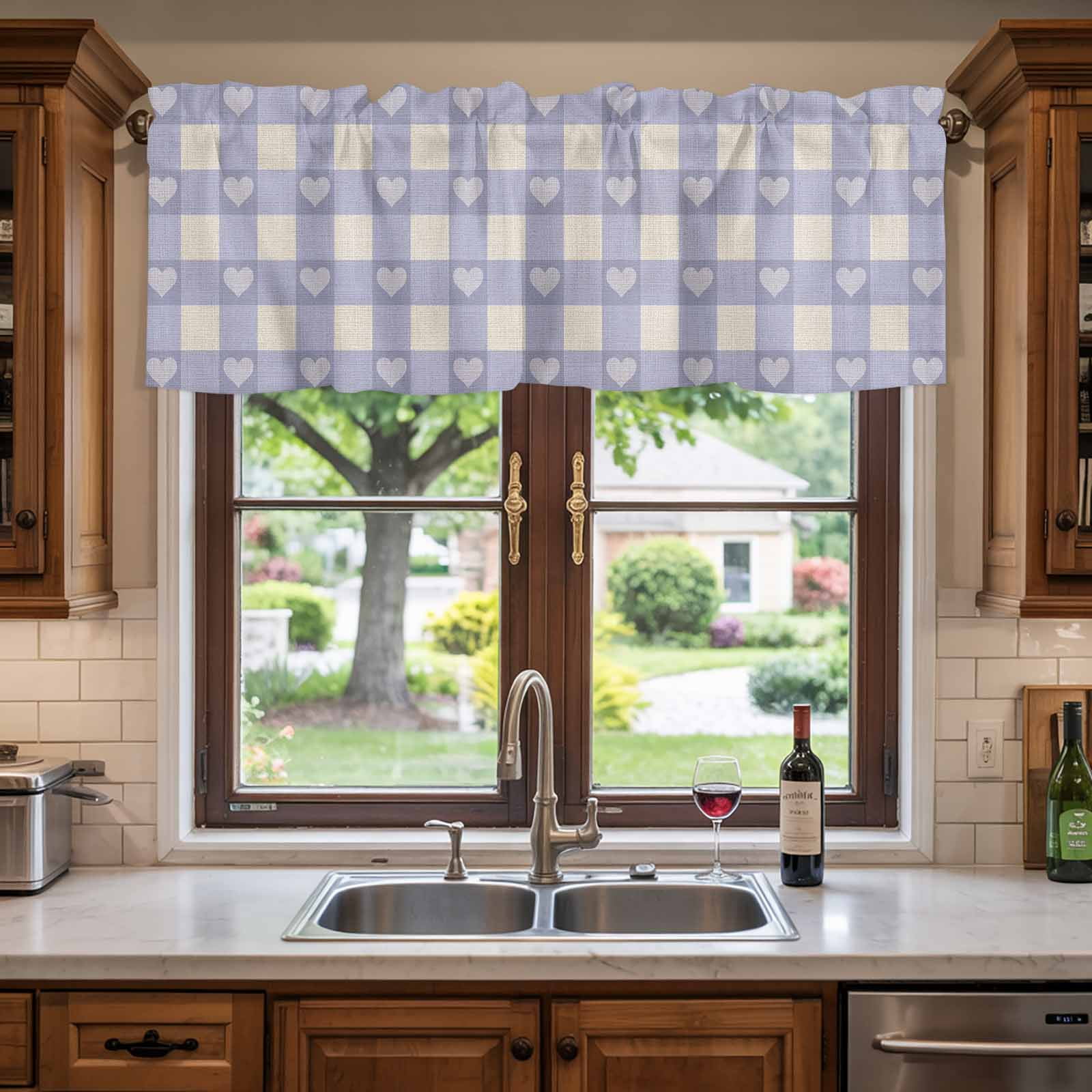 Kitchen Valances for Window, Cute Love Heart Purple Buffalo Light ...