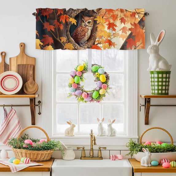 Kitchen Valances for Window, Cute Owl Autumn Orange Maple Leaves Light ...