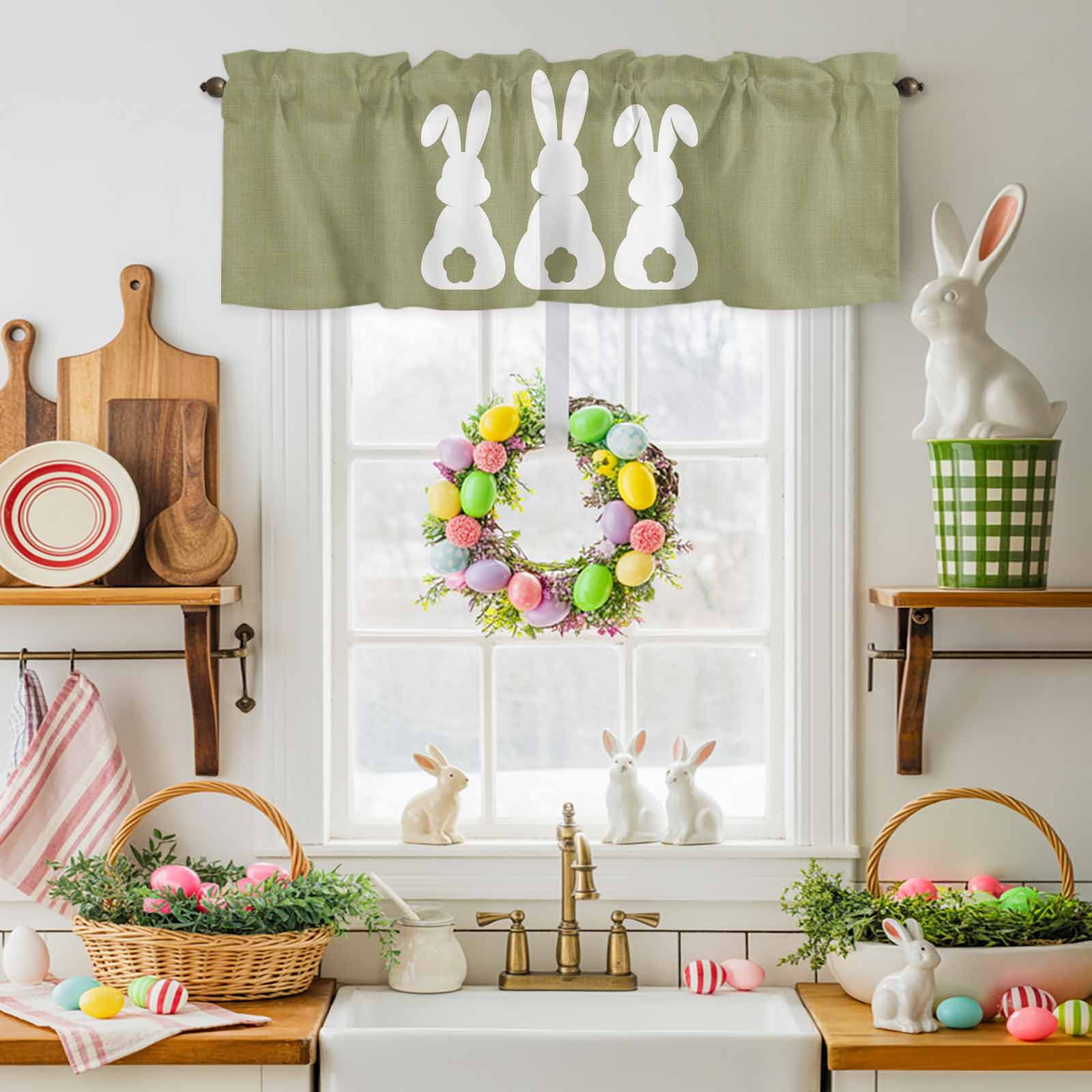 Kitchen Valances for Window, Easter Day White Bunny Light Filtering Rod ...