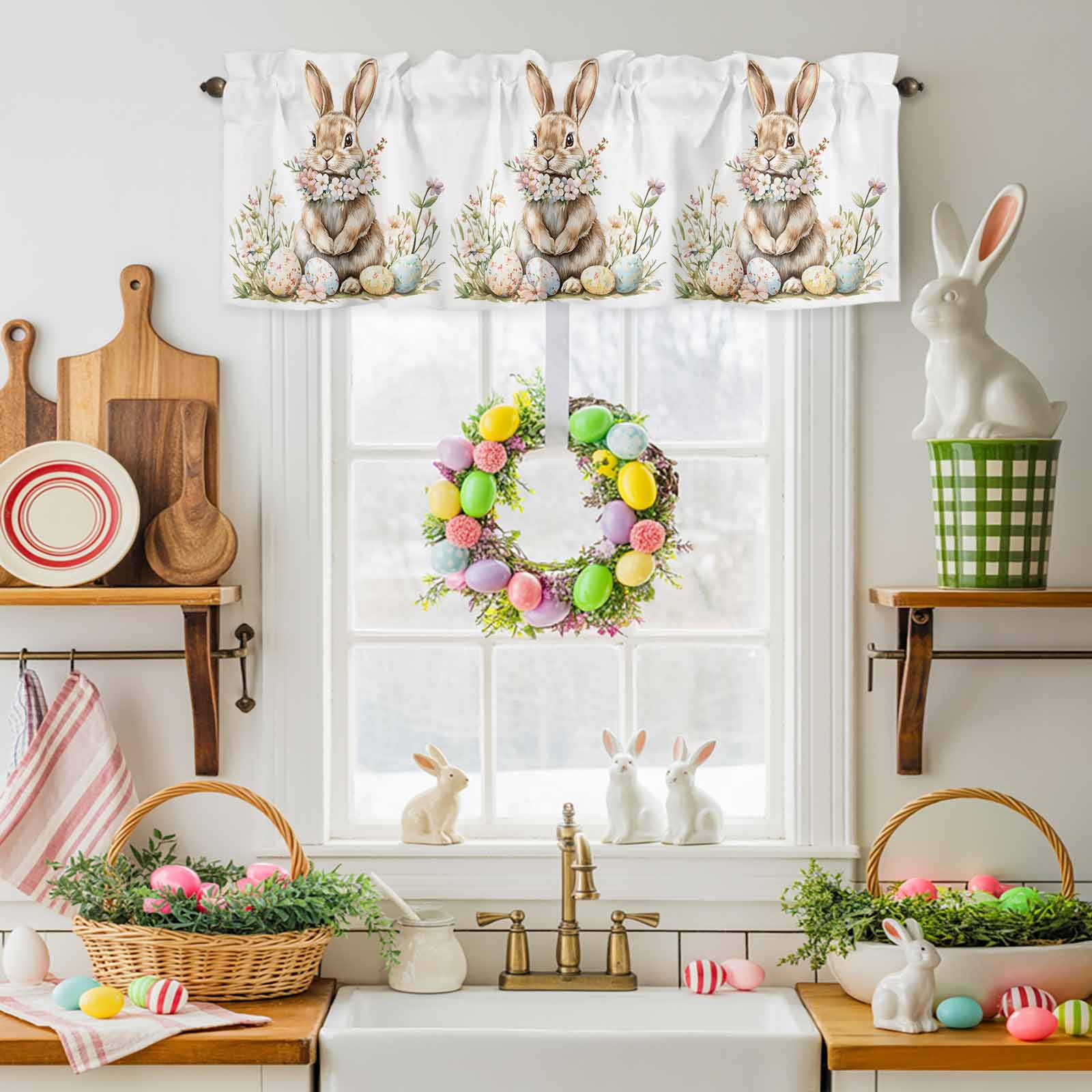 Kitchen Valances for Window, Easter Rabbit Wreath Colorful Egg Light ...