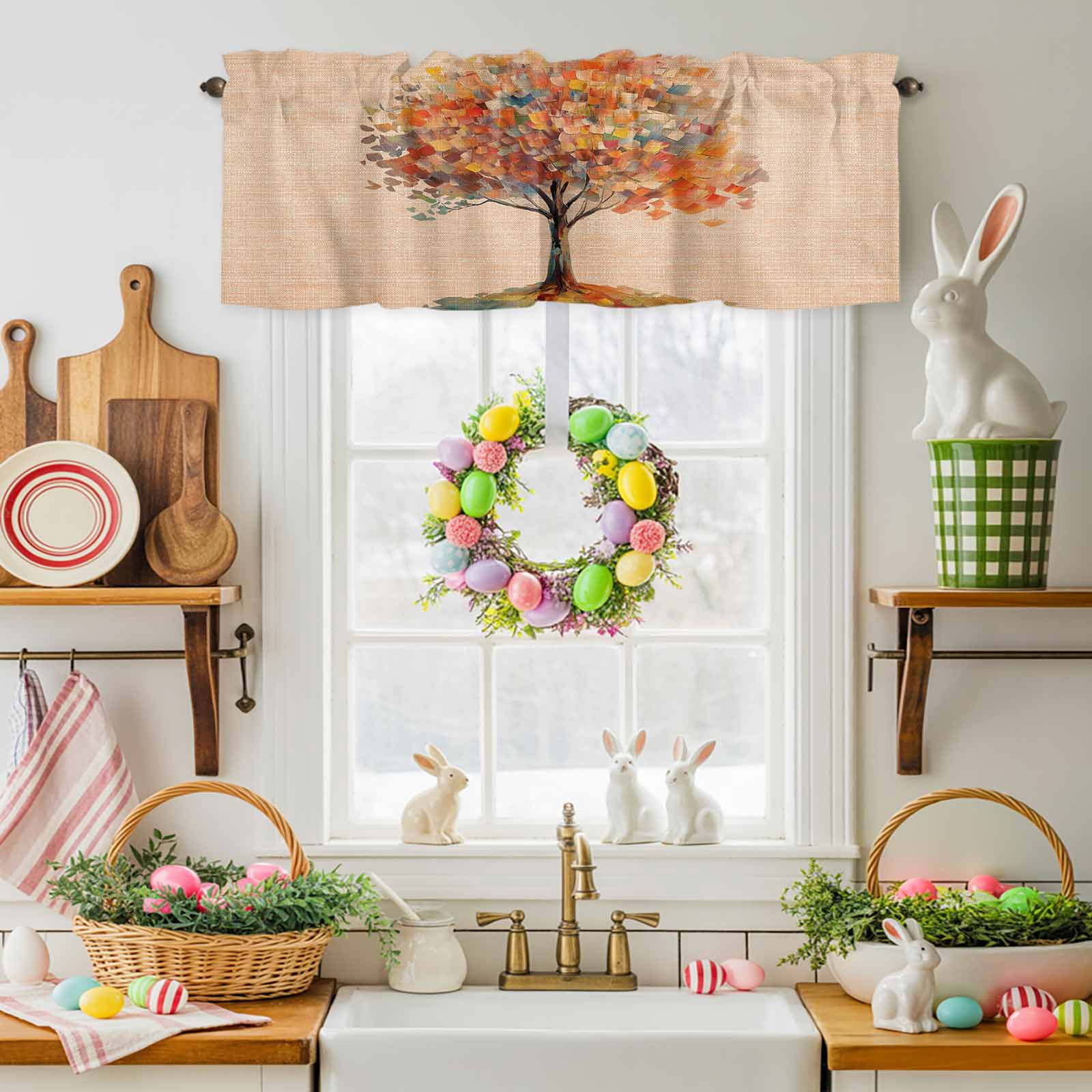 Kitchen Valances for Window, Fall Tree Orange Maple Leaves Light ...