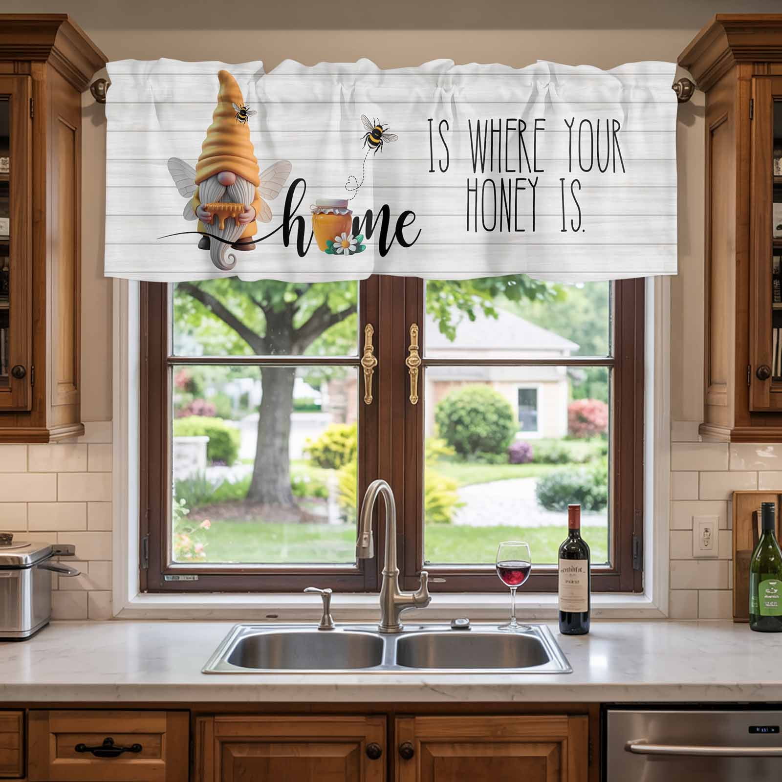 Kitchen Valances for Window, Farm Gnome Bee Honey Wooden Plank Light ...