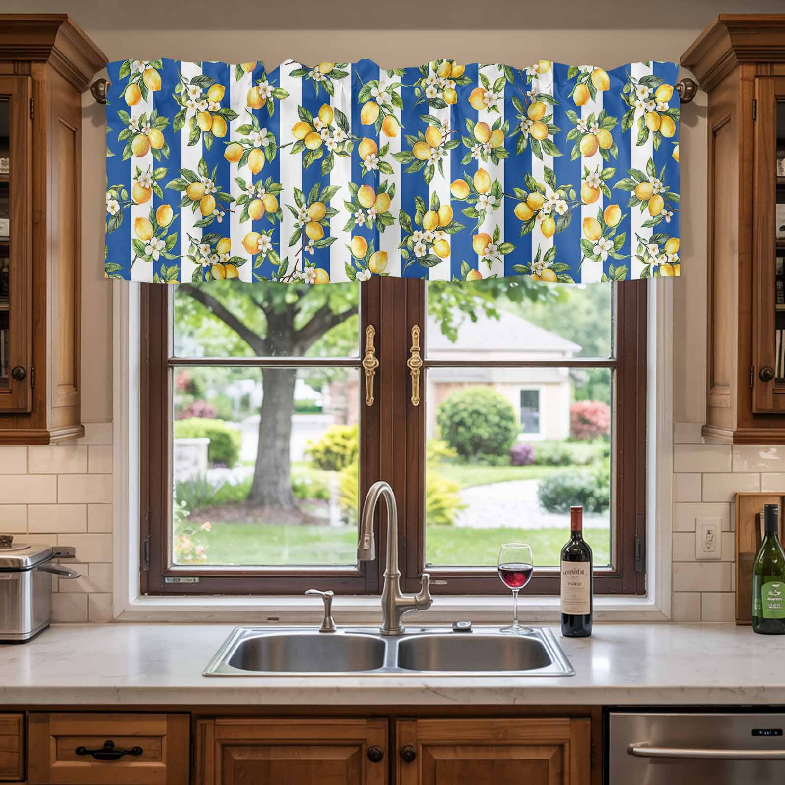 Kitchen Valances for Window, Farm Watercolor Lemon Green Leaves Light ...