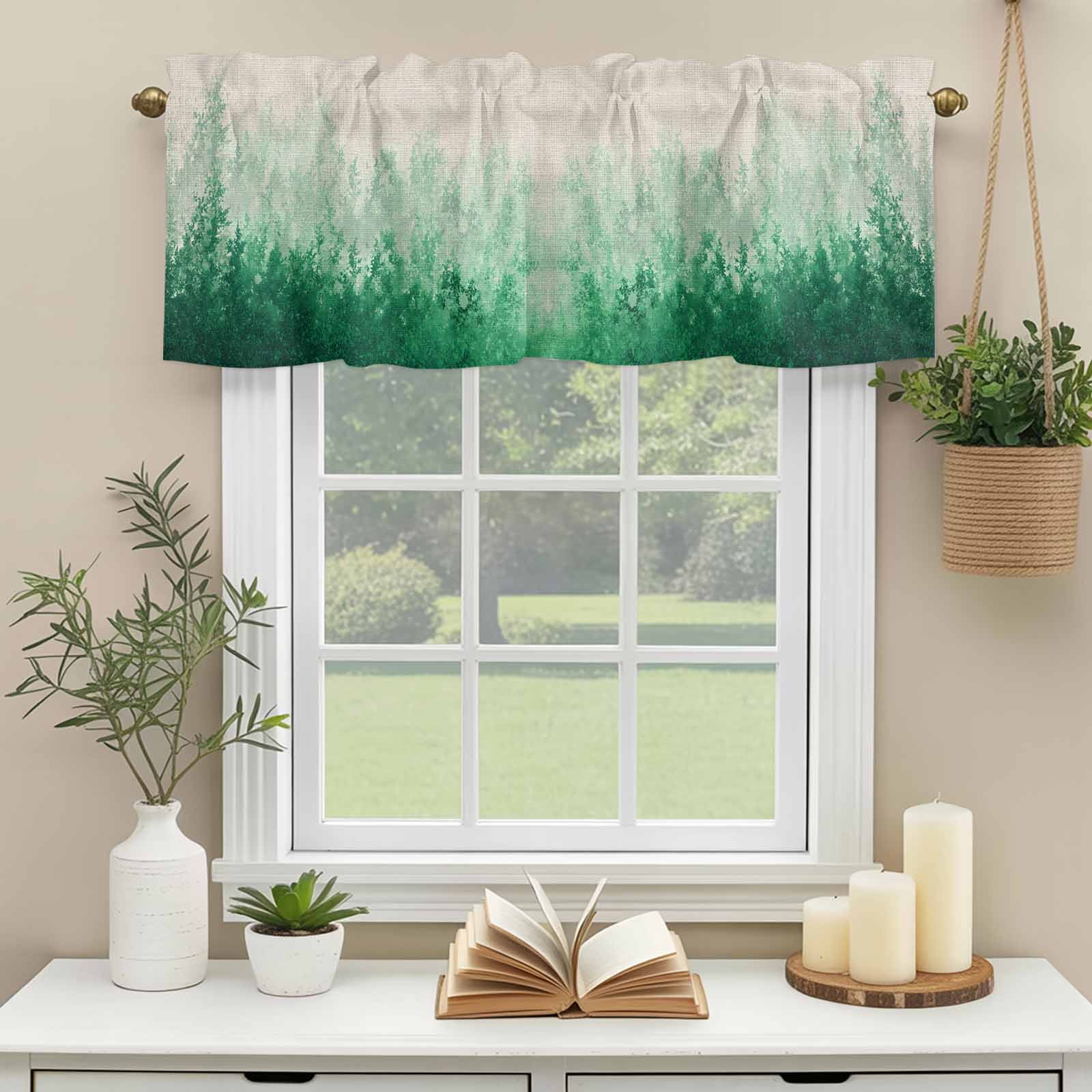 Kitchen Valances for Window, Gradient Green Forest on Linen Light ...