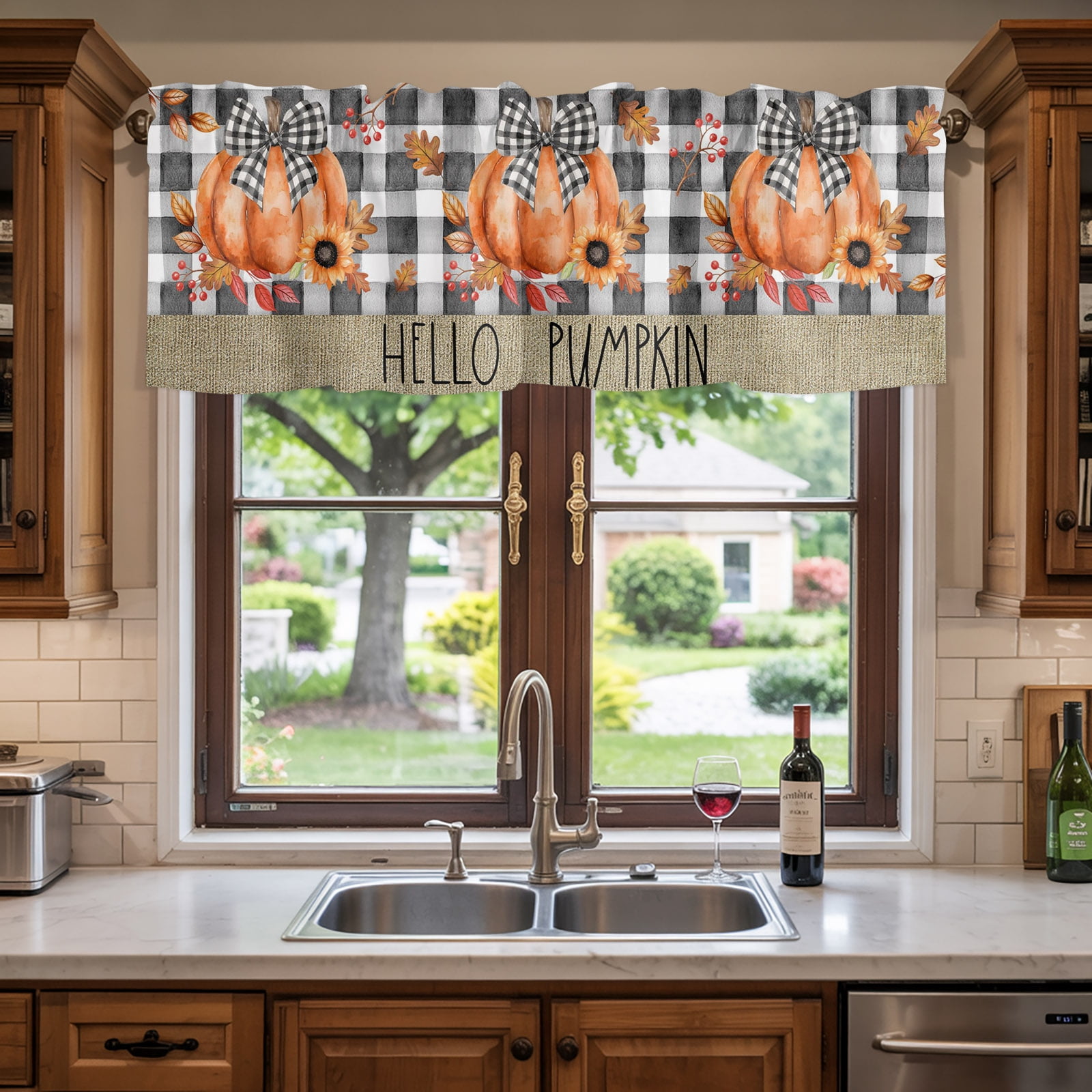 Kitchen Valances for Window, Hello Pumpkin Words on Vintage Linen Light ...