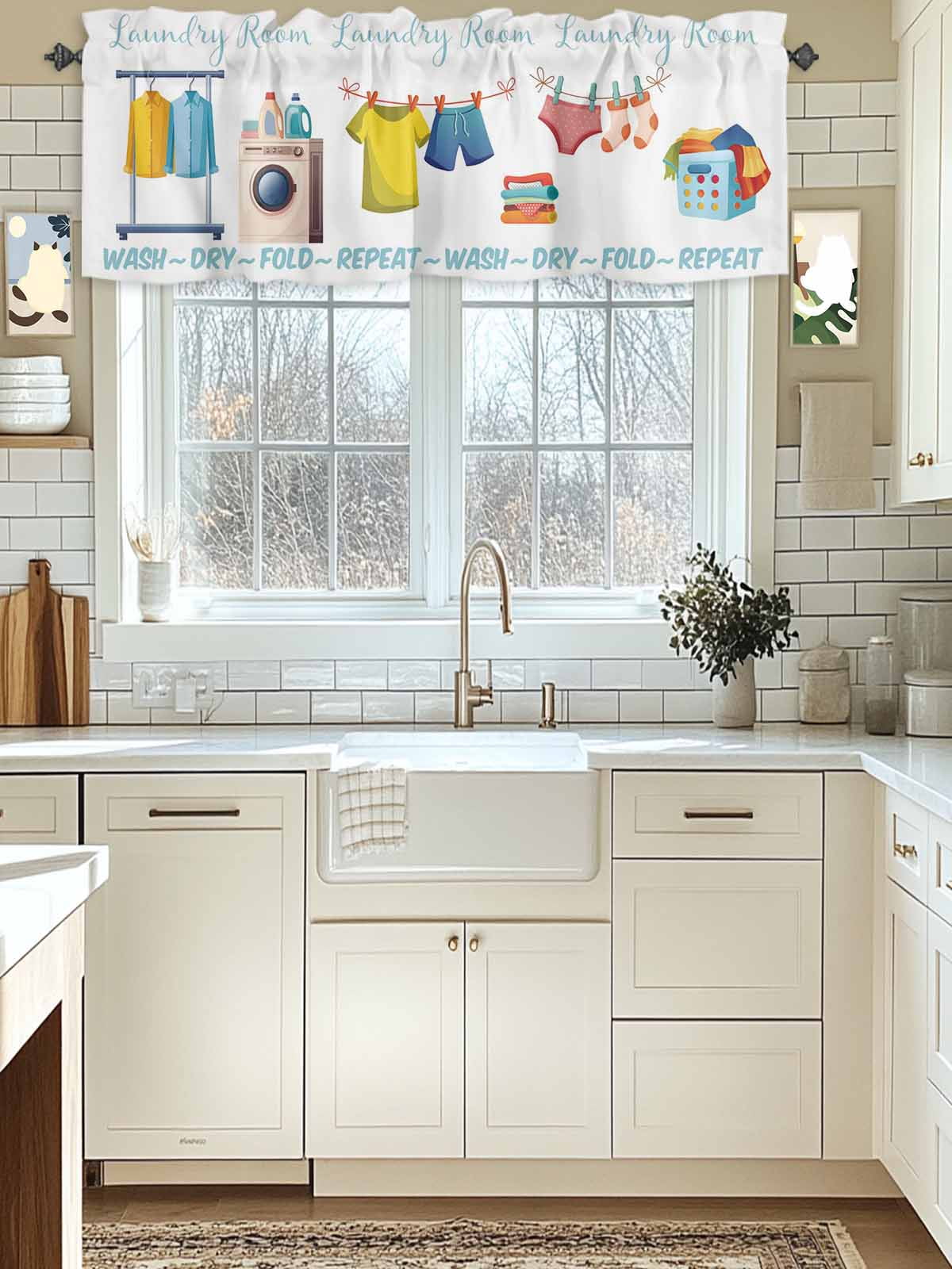 Kitchen Valances for Window, Laundry Wash Day Fold Repeat Quotes Light ...