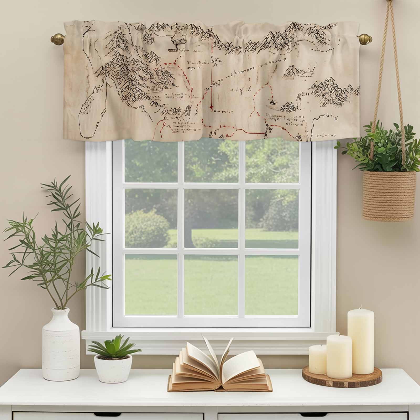 Kitchen Valances for Window, Middle Earth Map on Vintage Light ...