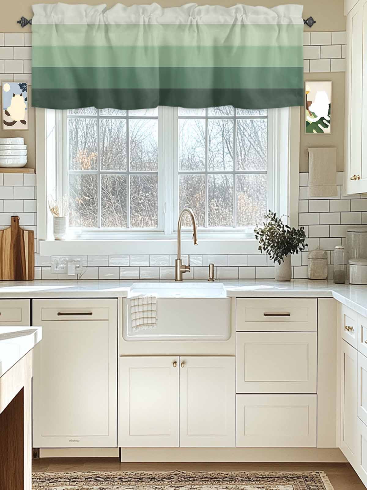 Kitchen Valances for Window, Minimalist Green Gradient Stripe Light ...