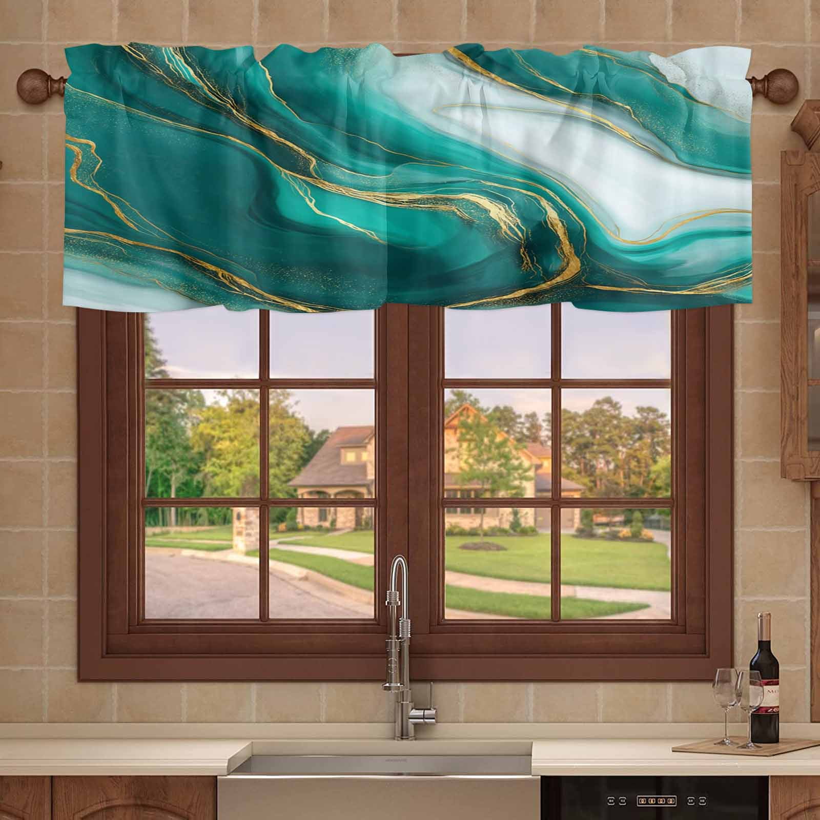 Kitchen Valances for Window, Modern Teal Marble Gold Line Light ...