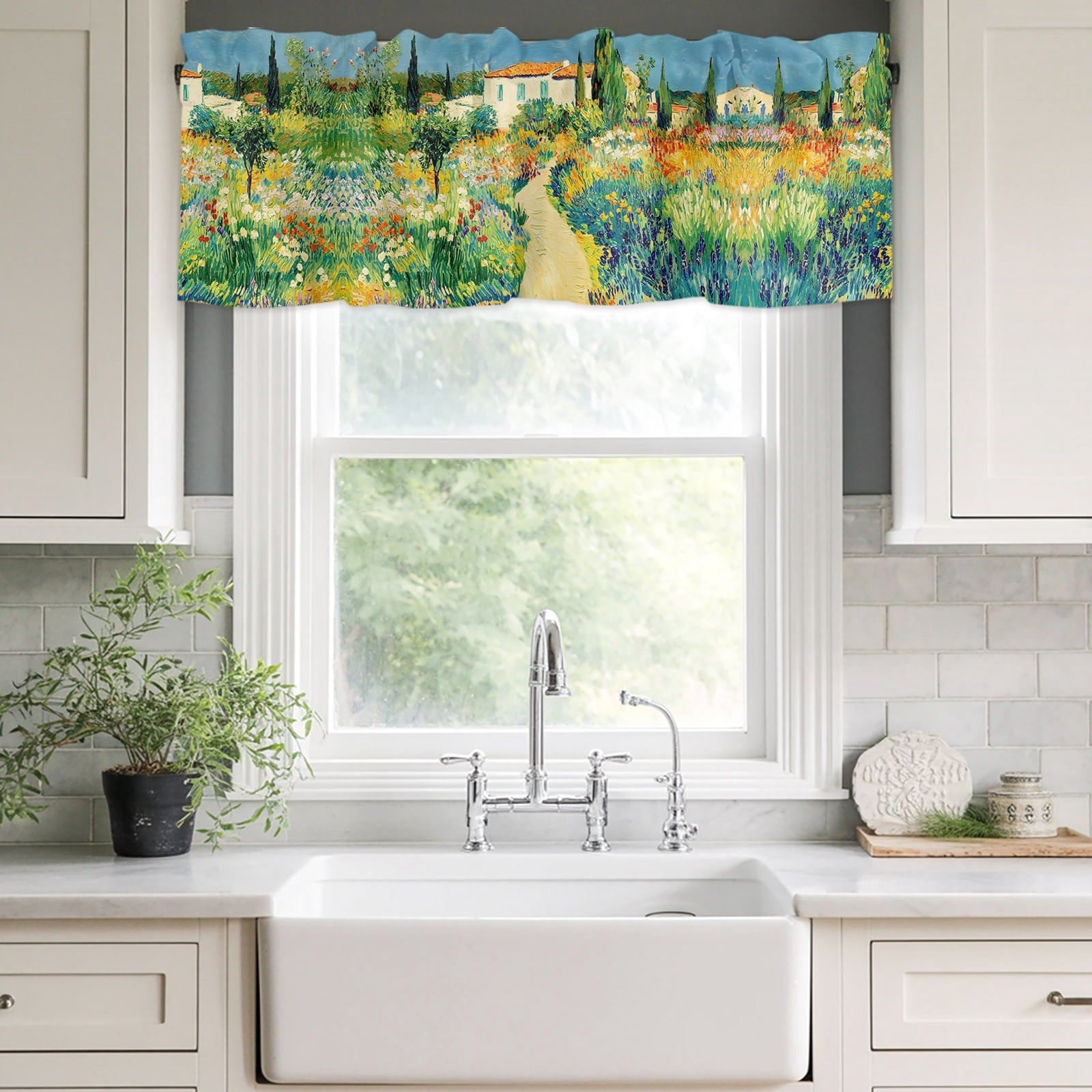 Kitchen Valances for Window, Pastoral Floral Pink Yellow Flower Green ...