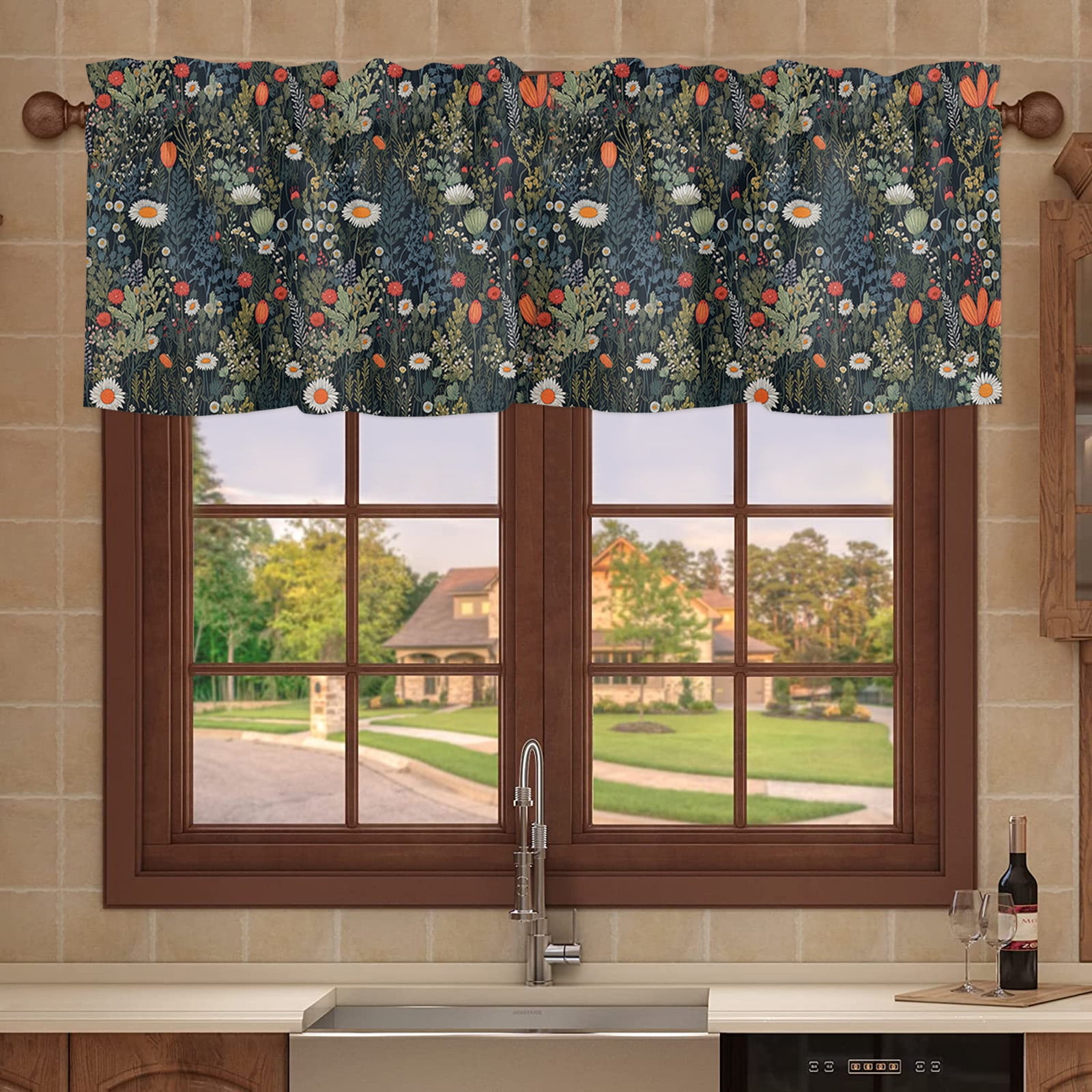 Kitchen Valances for Window, Pastoral Watercolor Garden Flower Light ...