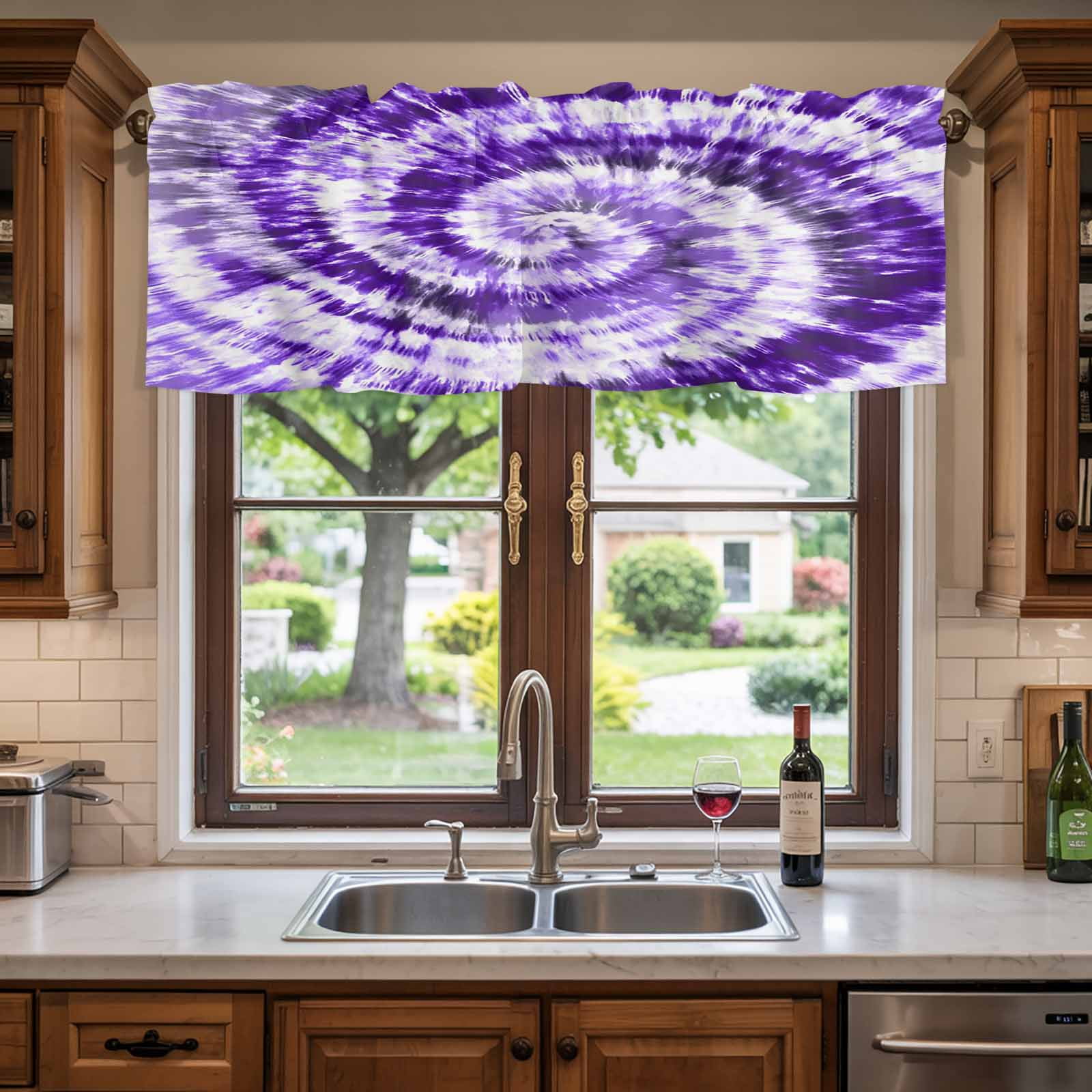 Kitchen Valances for Window, Purple White Spiral Tie Dye Art Light ...