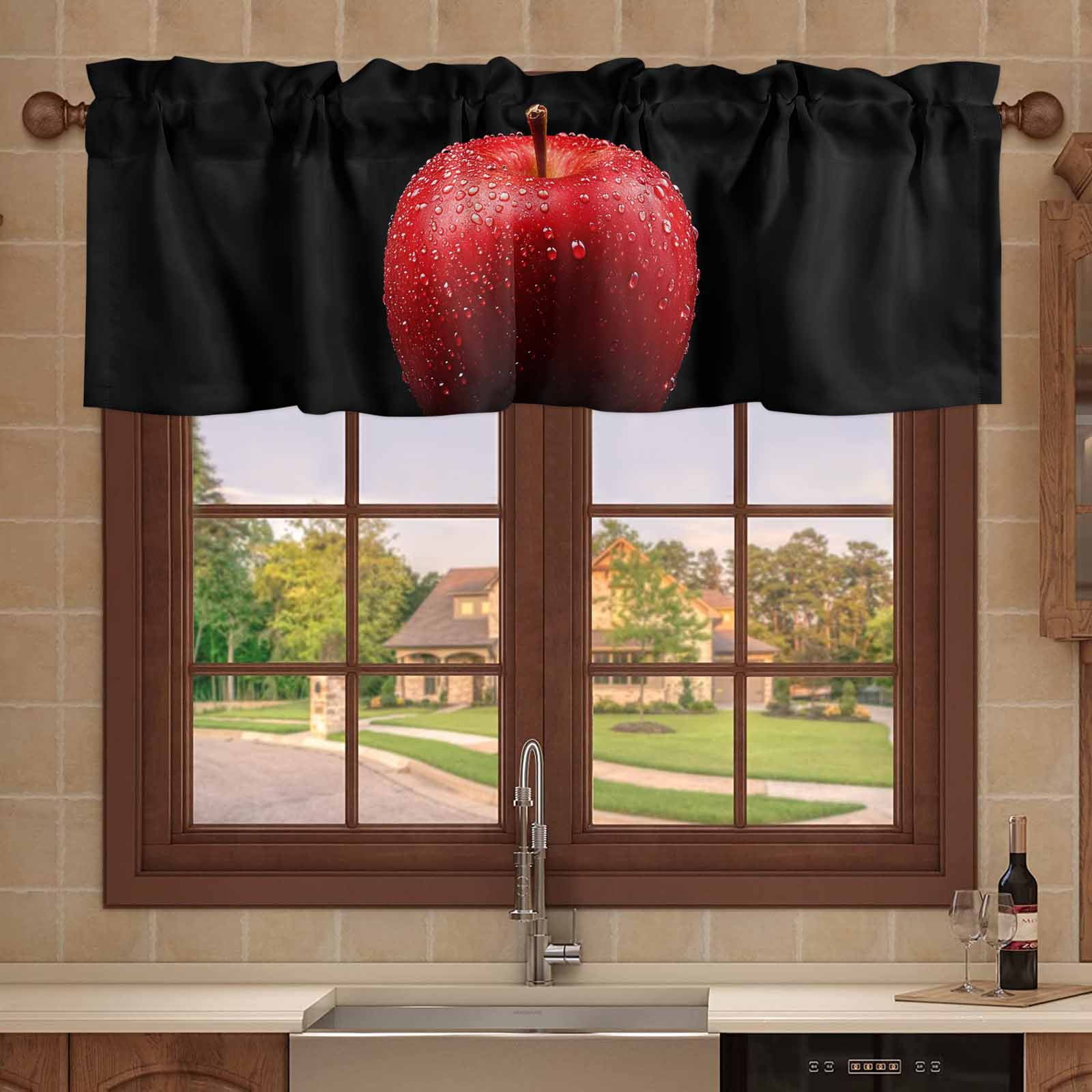 Kitchen Valances for Window, Red Apples on Black Light Filtering Rod ...