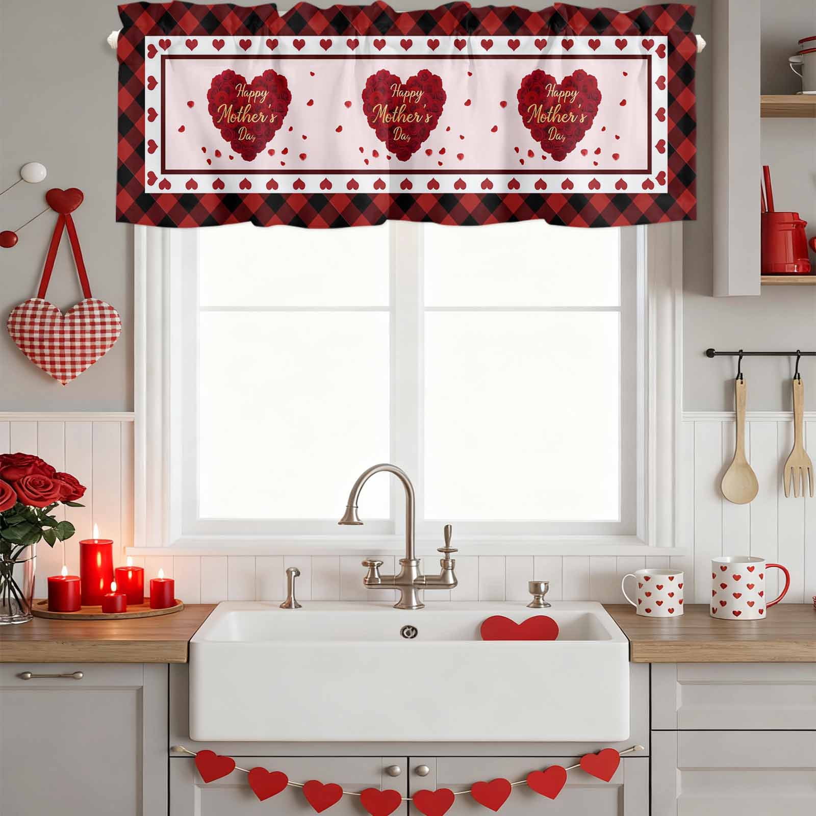 Kitchen Valances for Window, Red Rose Flower Valentine's Day Love Petal ...