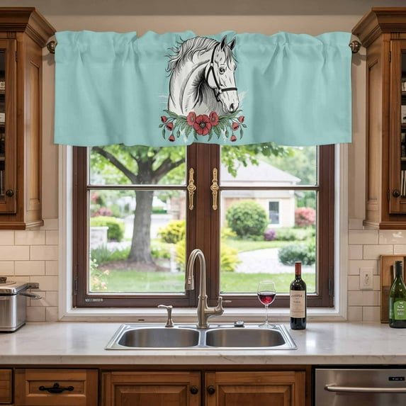Kitchen Valances for Window, Retro Cartoon White Horses Light Filtering ...
