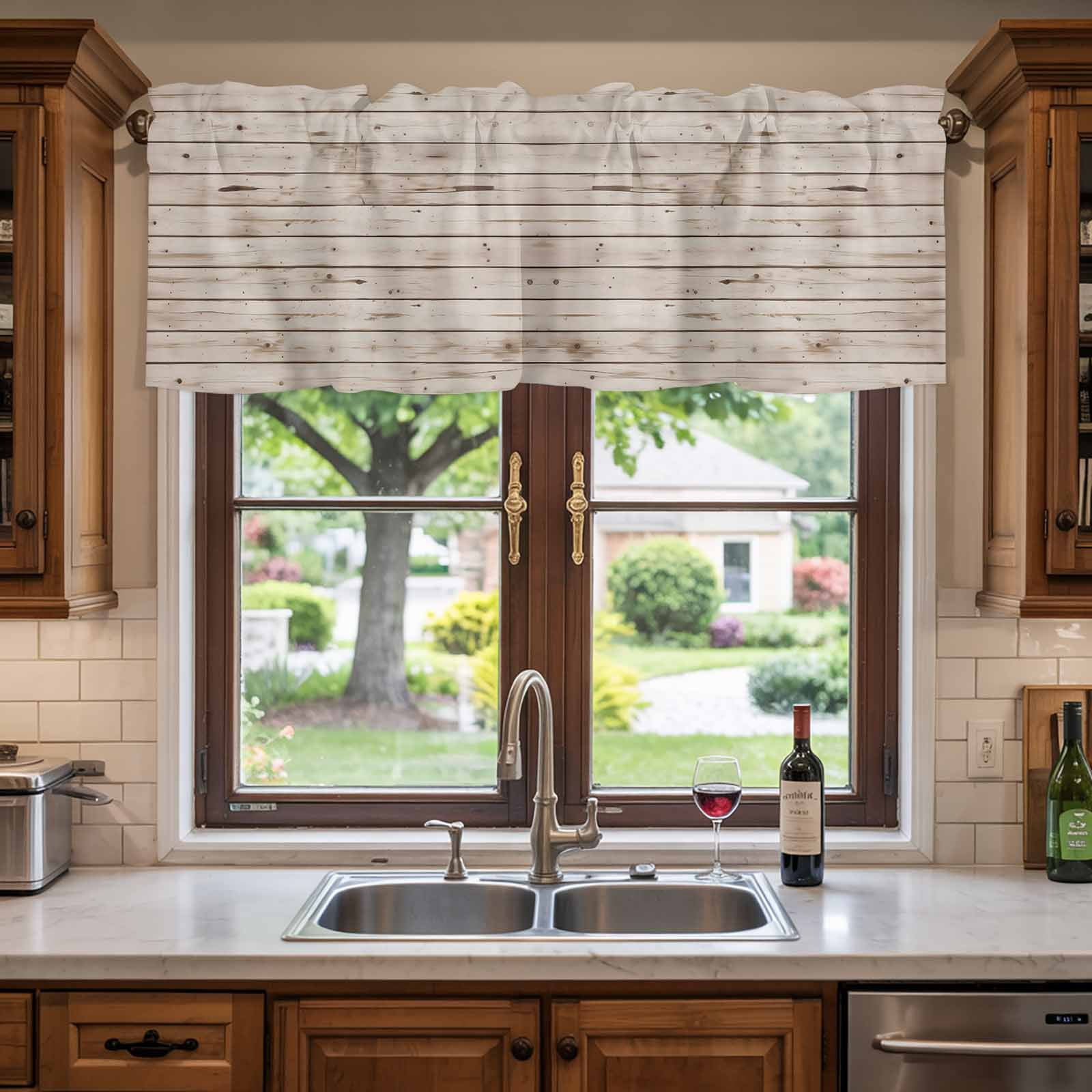 Kitchen Valances for Window, Retro Country Wood Texture Light Filtering ...