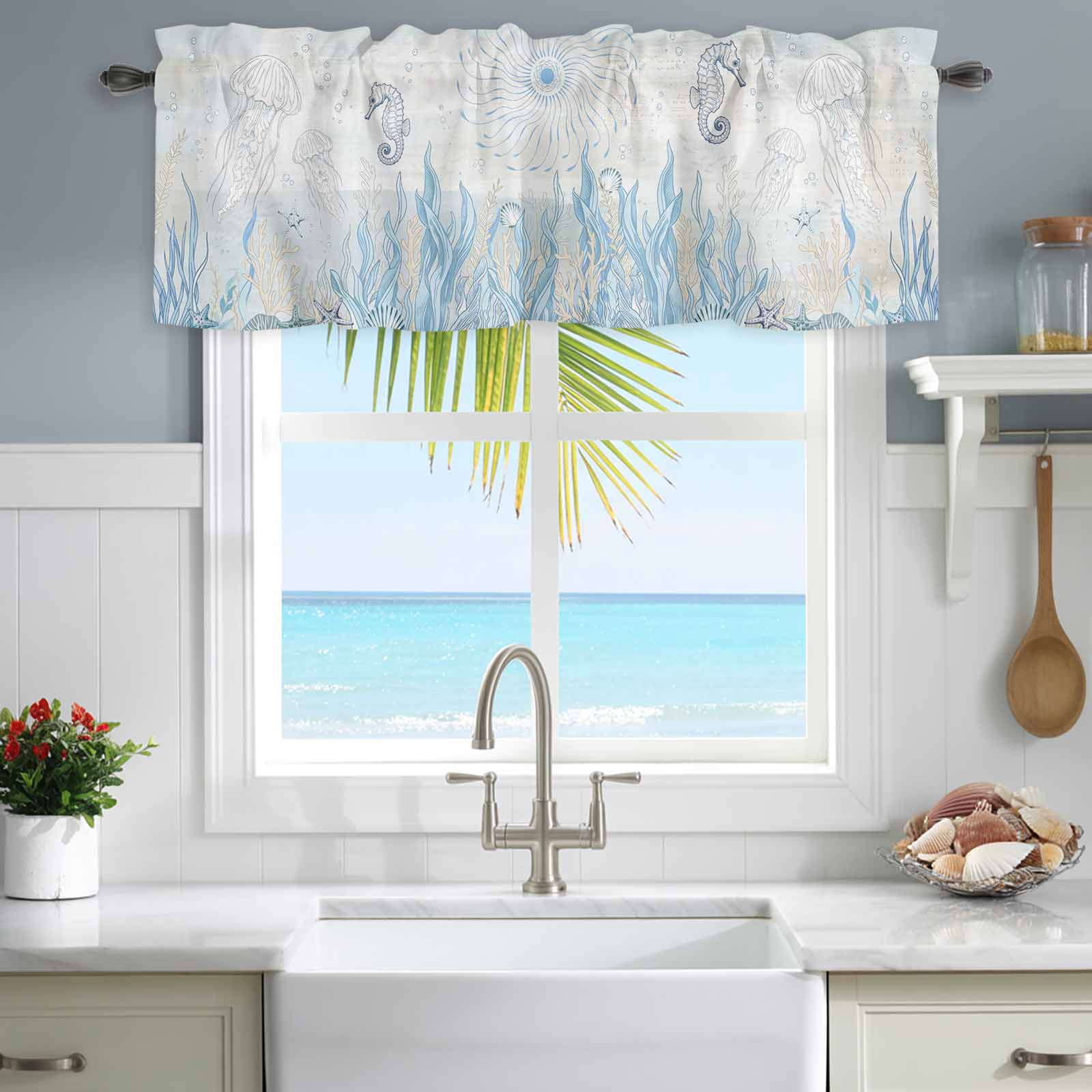 Kitchen Valances for Window, Sea Stars Jellyfish Light Filtering Rod ...