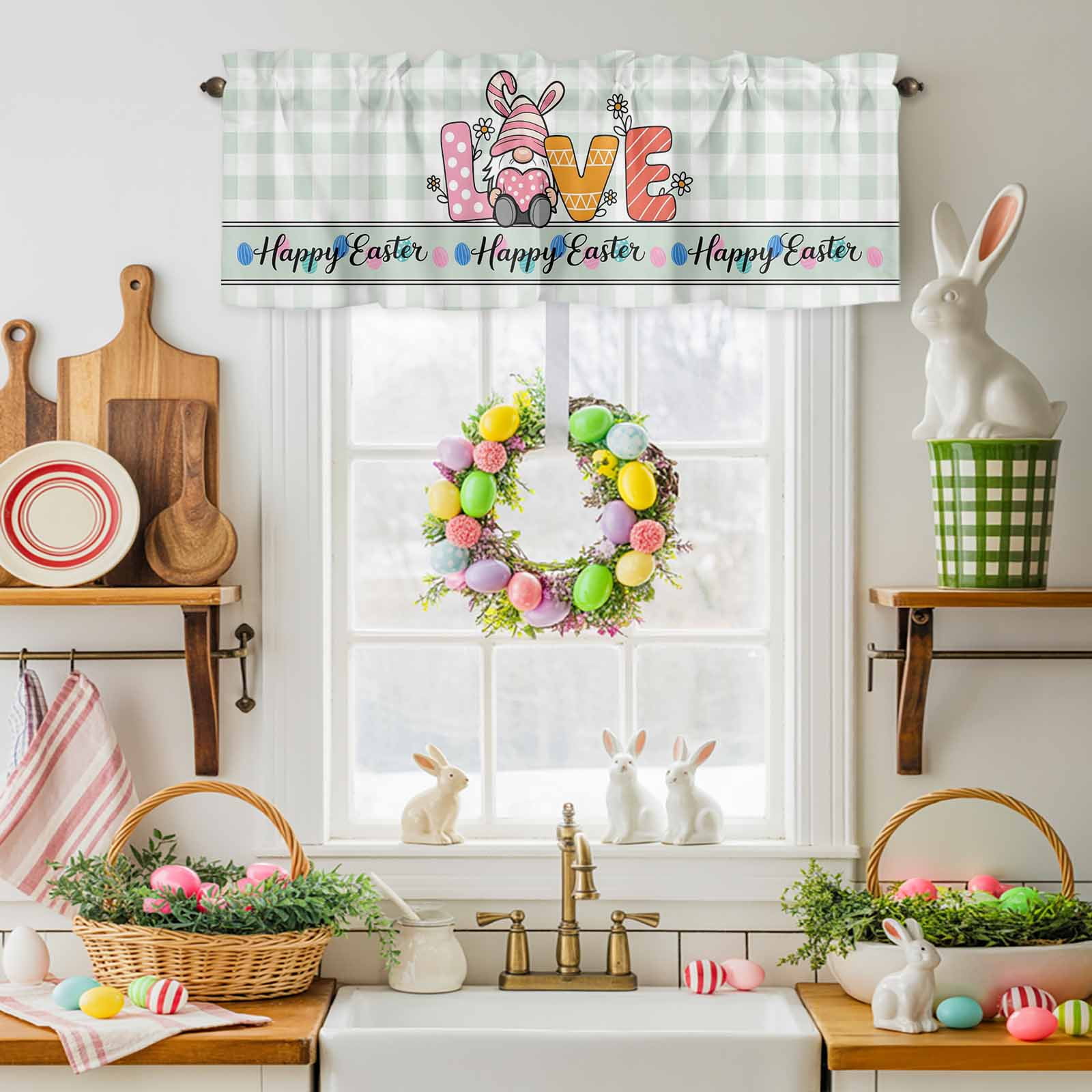 Kitchen Valances for Window, Spring Easter Rabbits Gnome Light ...