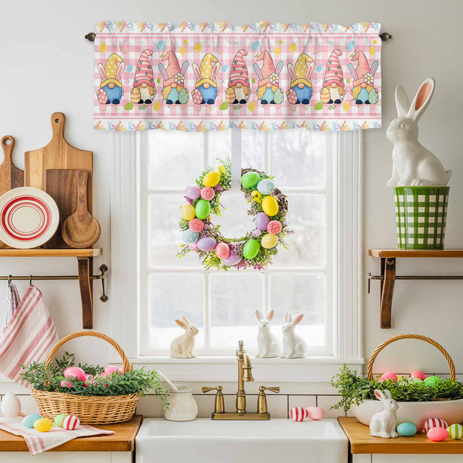 Kitchen Valances for Window, Spring Rabbit Gnome Easter Egg Light ...