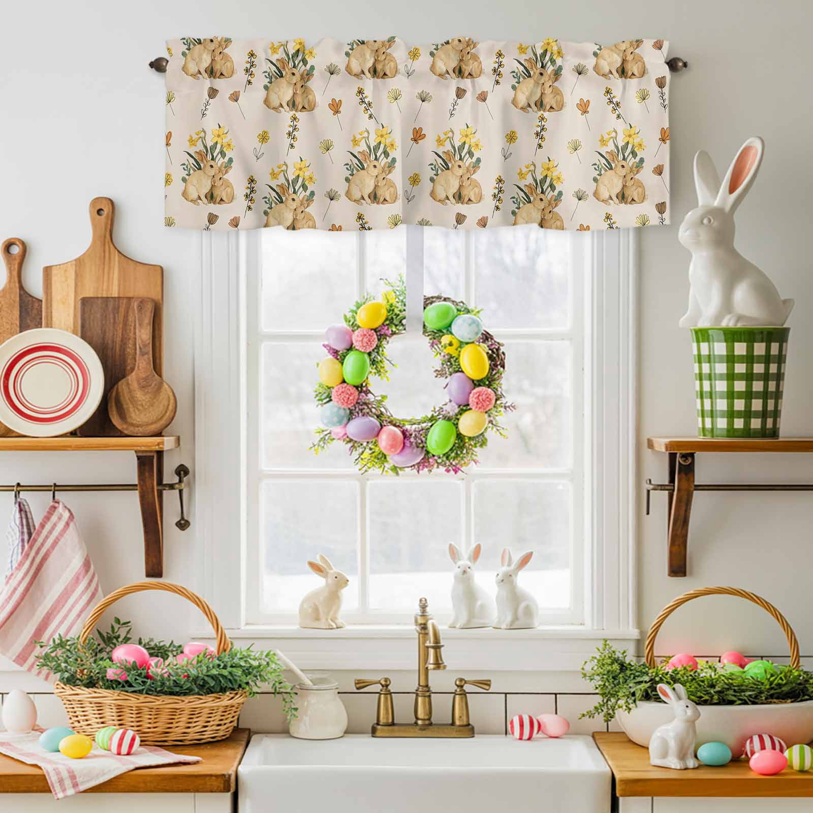 Kitchen Valances for Window, Spring Retro Easter Rabbits Light ...