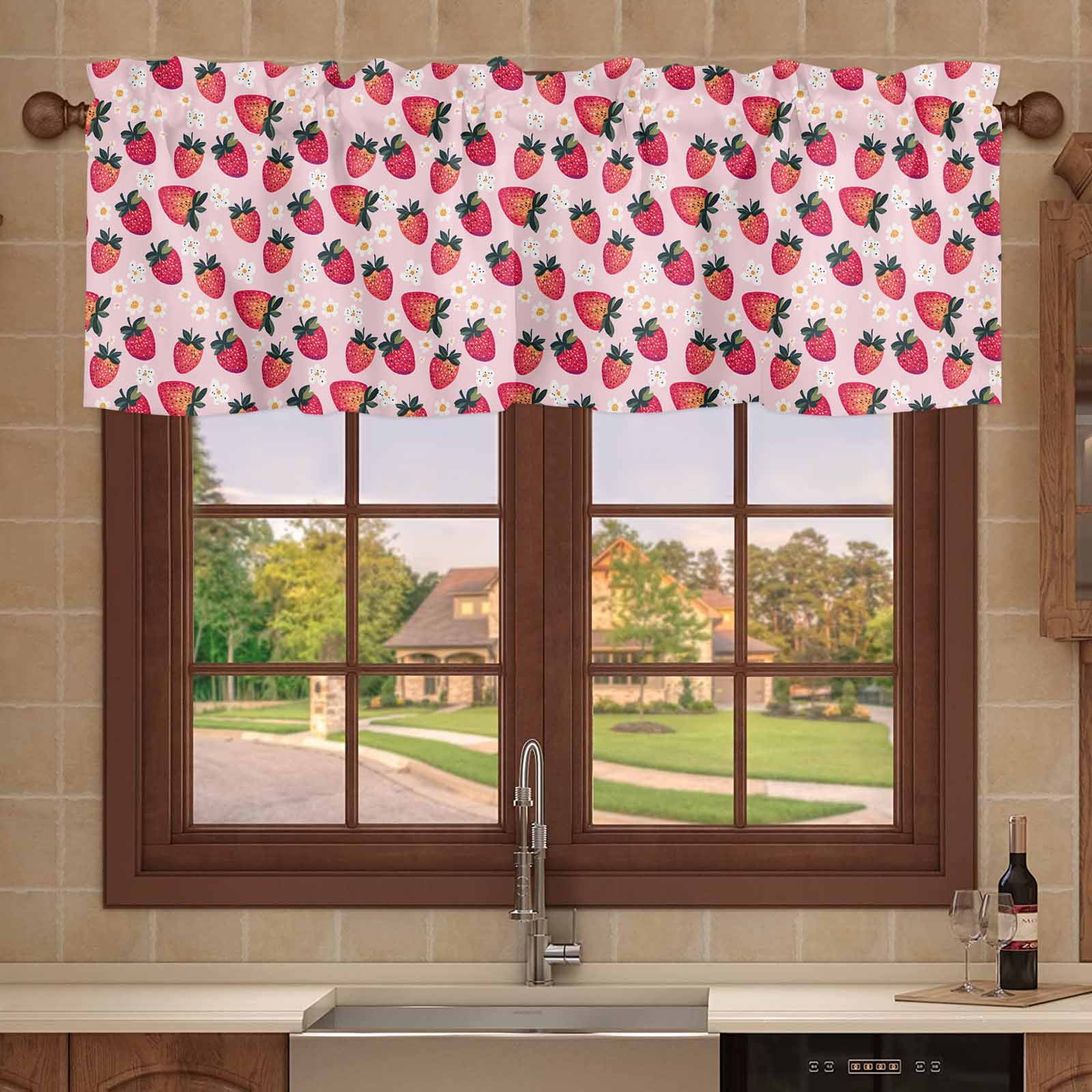 Kitchen Valances for Window, Summer Strawberry Flower on Pink Light ...