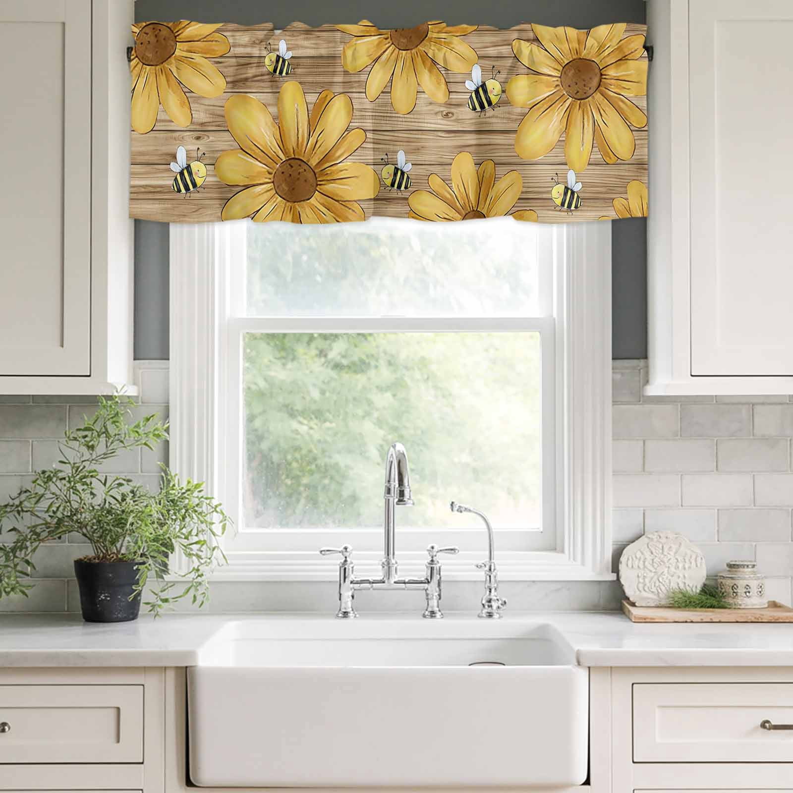 Kitchen Valances for Window, Summer Yellow Bee Blossom Flower Light ...