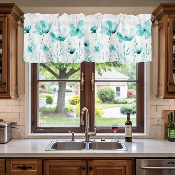 Kitchen Valances for Window, Teal Gradient Flower Botanical Light ...
