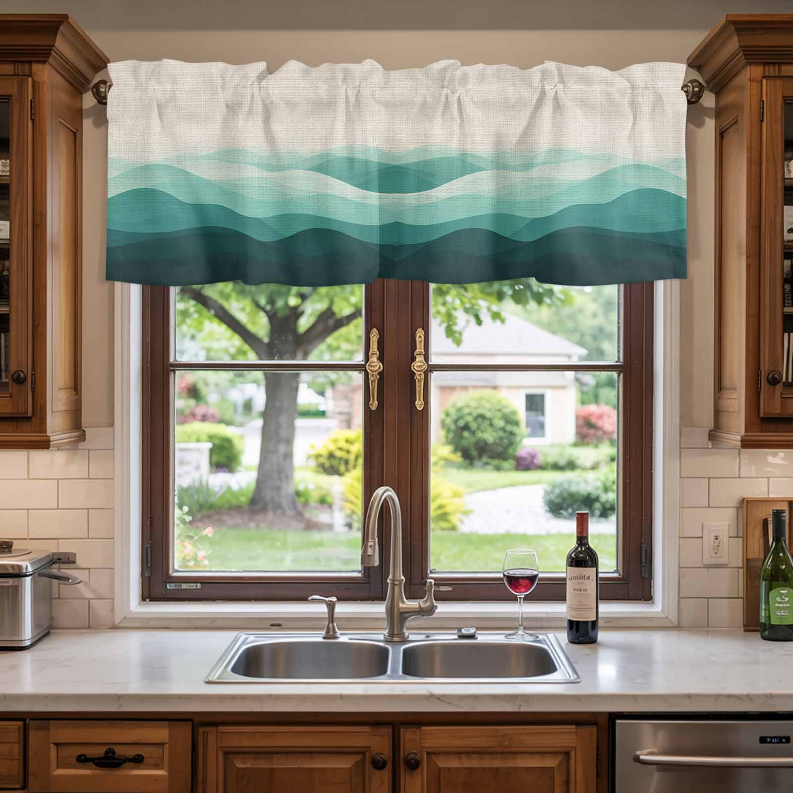Kitchen Valances for Window, Teal Green Water Ripple on Linen Light ...